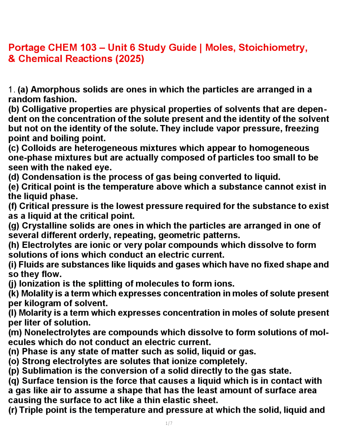 Portage CHEM 103 – Unit 6 Study Guide Moles, Stoichiometry, & Chemical ...
