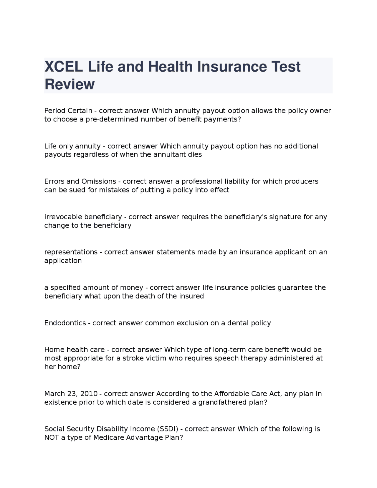 XCEL Life and Health Insurance Test Review: Key Concepts and ...