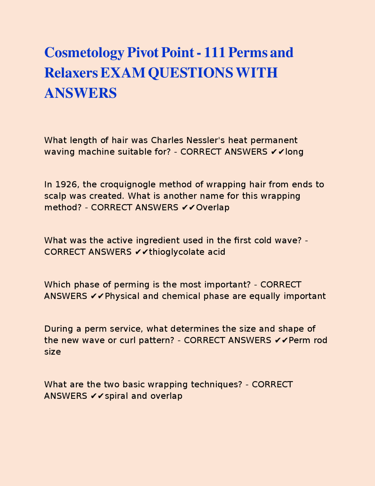 Cosmetology Pivot Point - 111 Perms and Relaxers EXAM QUESTIONS WITH ...