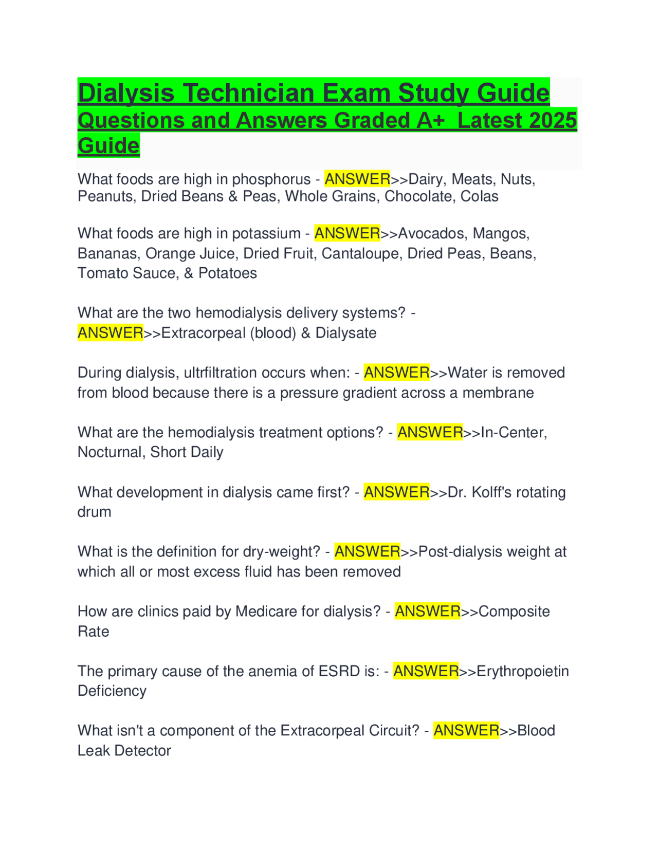 Dialysis Technician Exam Study Guide Questions and Answers Graded A+ ...