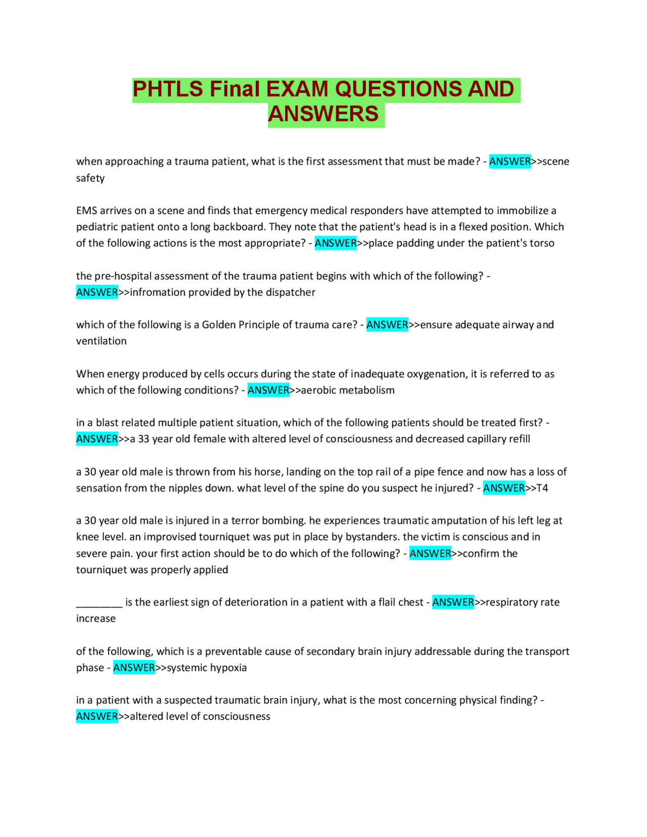 PHTLS Final EXAM QUESTIONS AND ANSWERS | Exams Advanced Education | Docsity