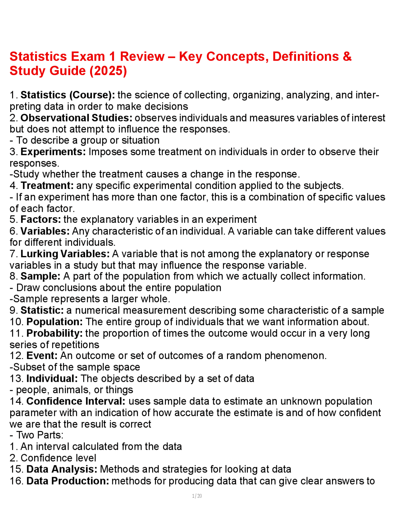 Statistics Exam 1 Review – Key Concepts, Definitions & Study Guide ...