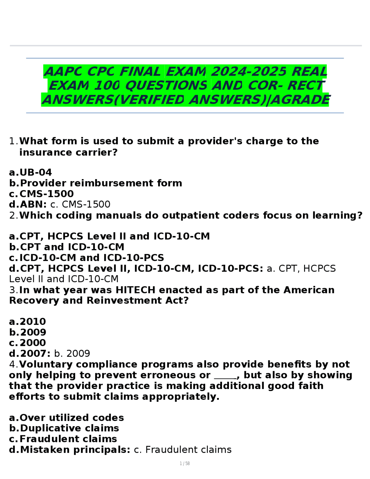AAPC CPC Exam Practice Questions 2024-2025: Medical Coding | Exams ...