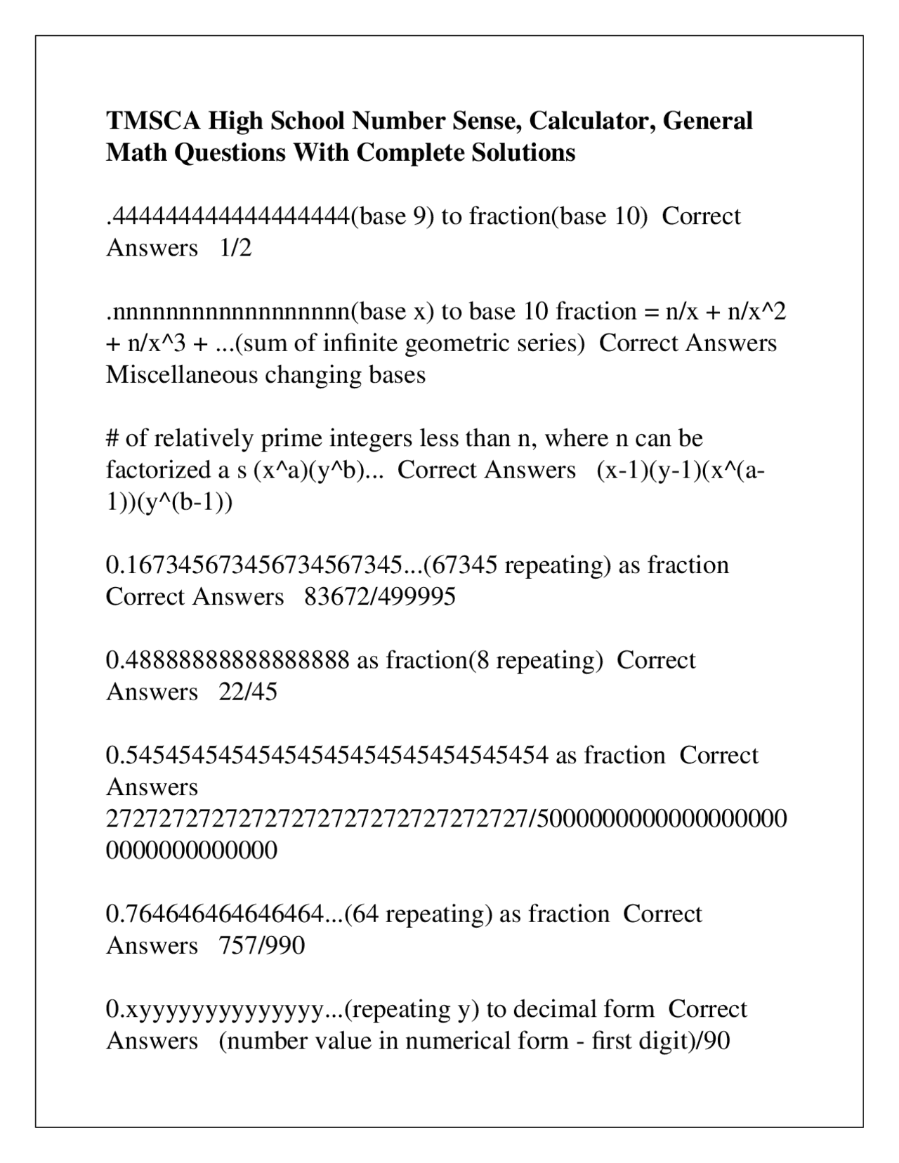 TMSCA High School Number Sense, Calculator, General Math Questions With ...