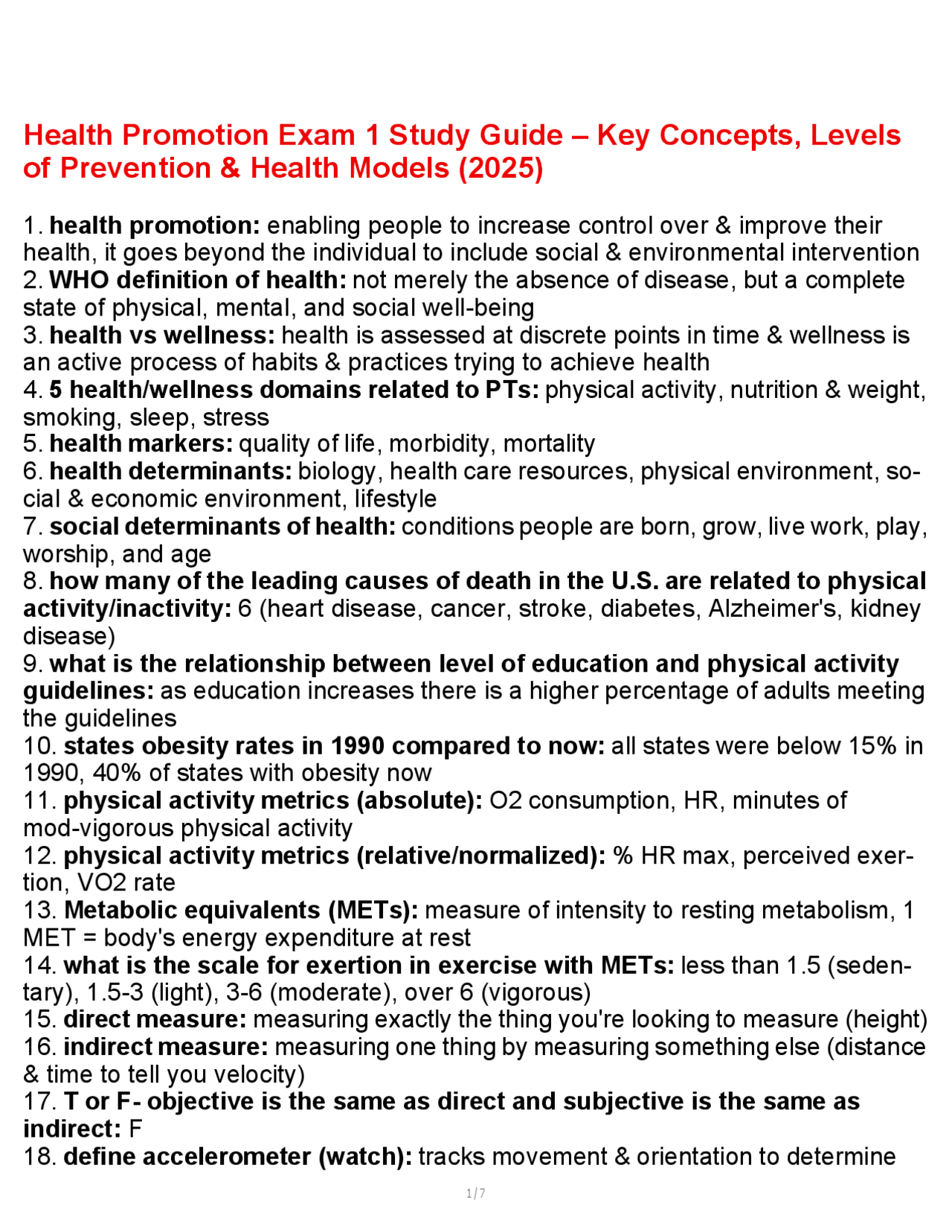 Health Promotion Exam 1 Study Guide – Key Concepts, Levels of ...