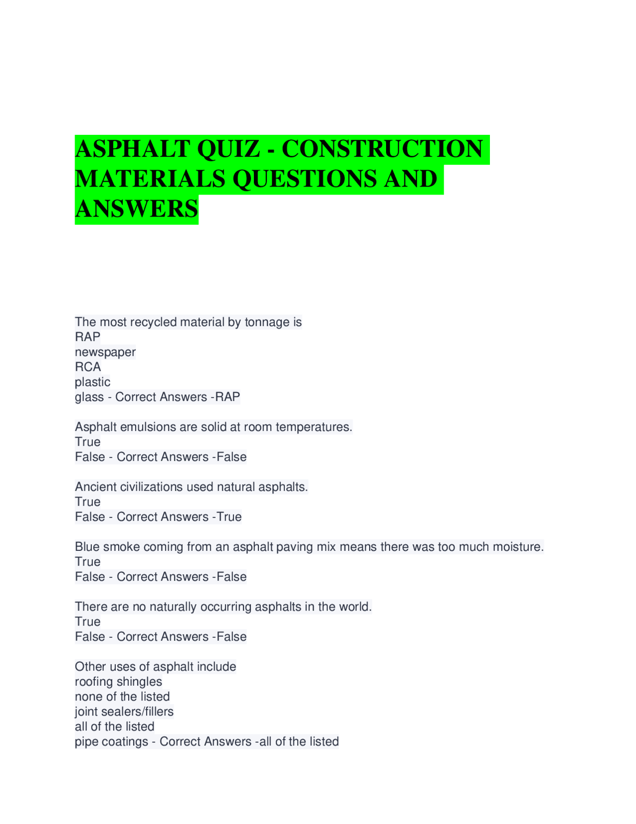 ASPHALT QUIZ - CONSTRUCTION MATERIALS QUESTIONS AND ANSWERS | Exams ...