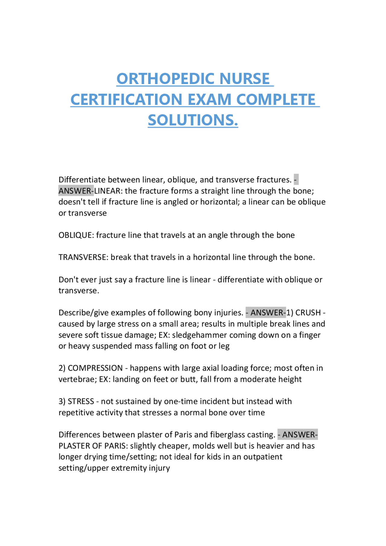 ORTHOPEDIC NURSE CERTIFICATION EXAM COMPLETE SOLUTIONS. 2025 exam ...
