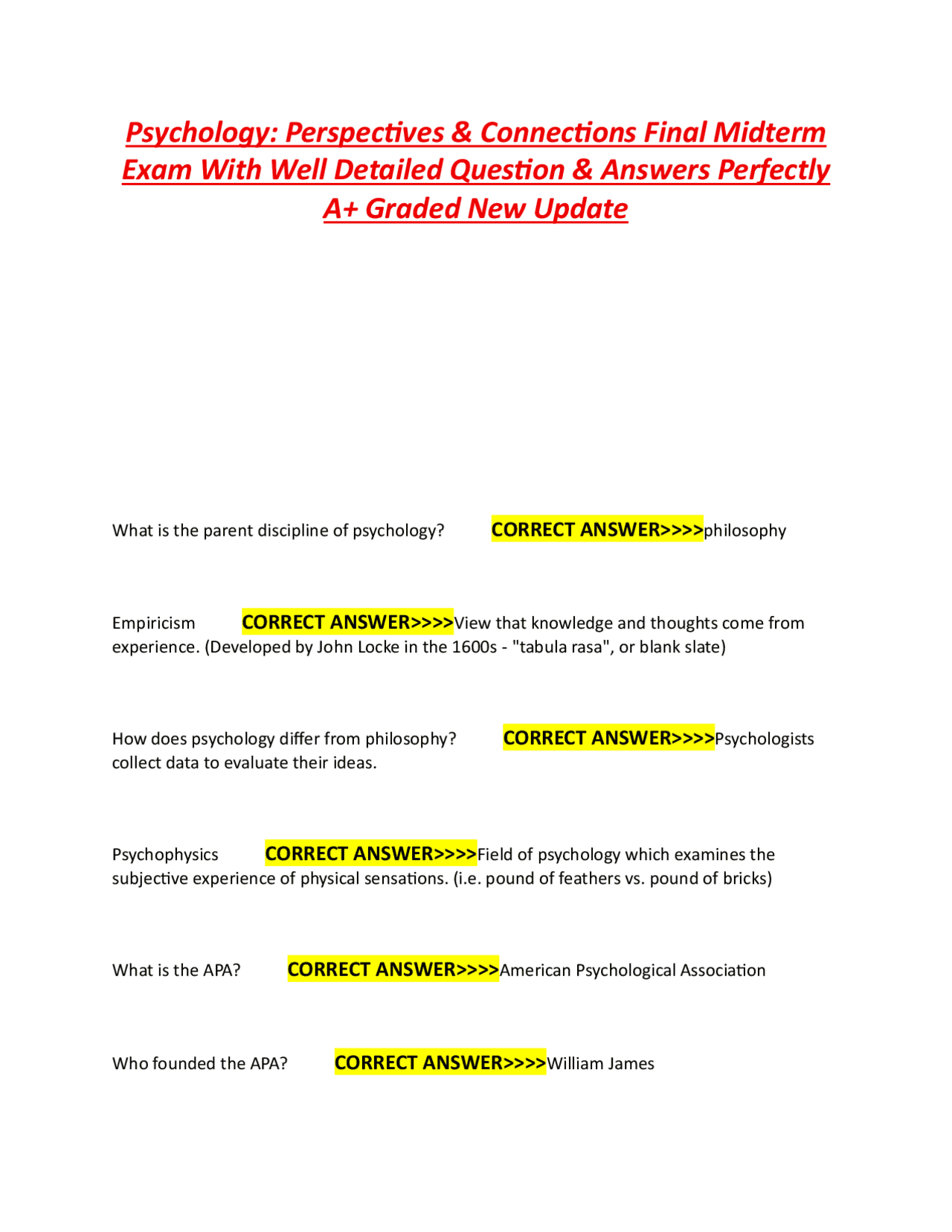 Psychology: Perspectives & Connections Final Midterm Exam With Well ...