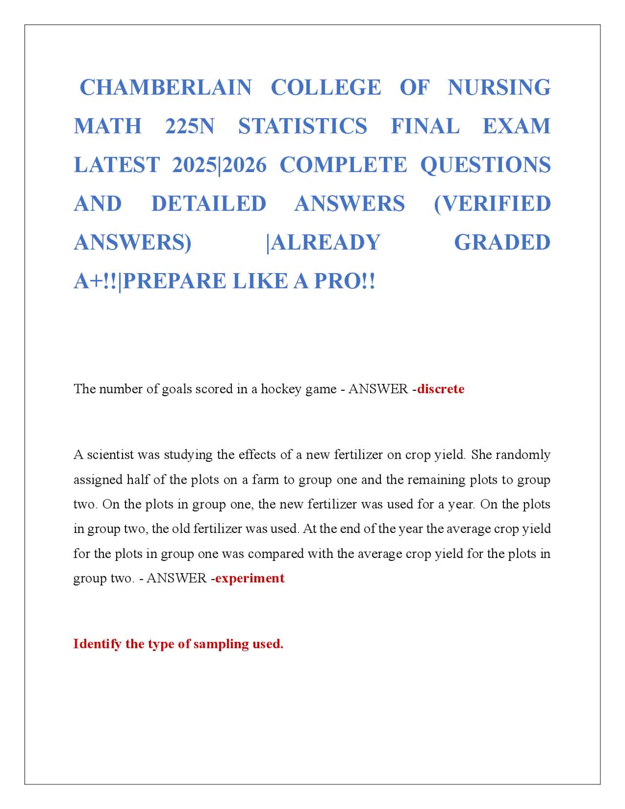 CHAMBERLAIN COLLEGE OF NURSING MATH 225N STATISTICS FINAL EXAM LATEST ...