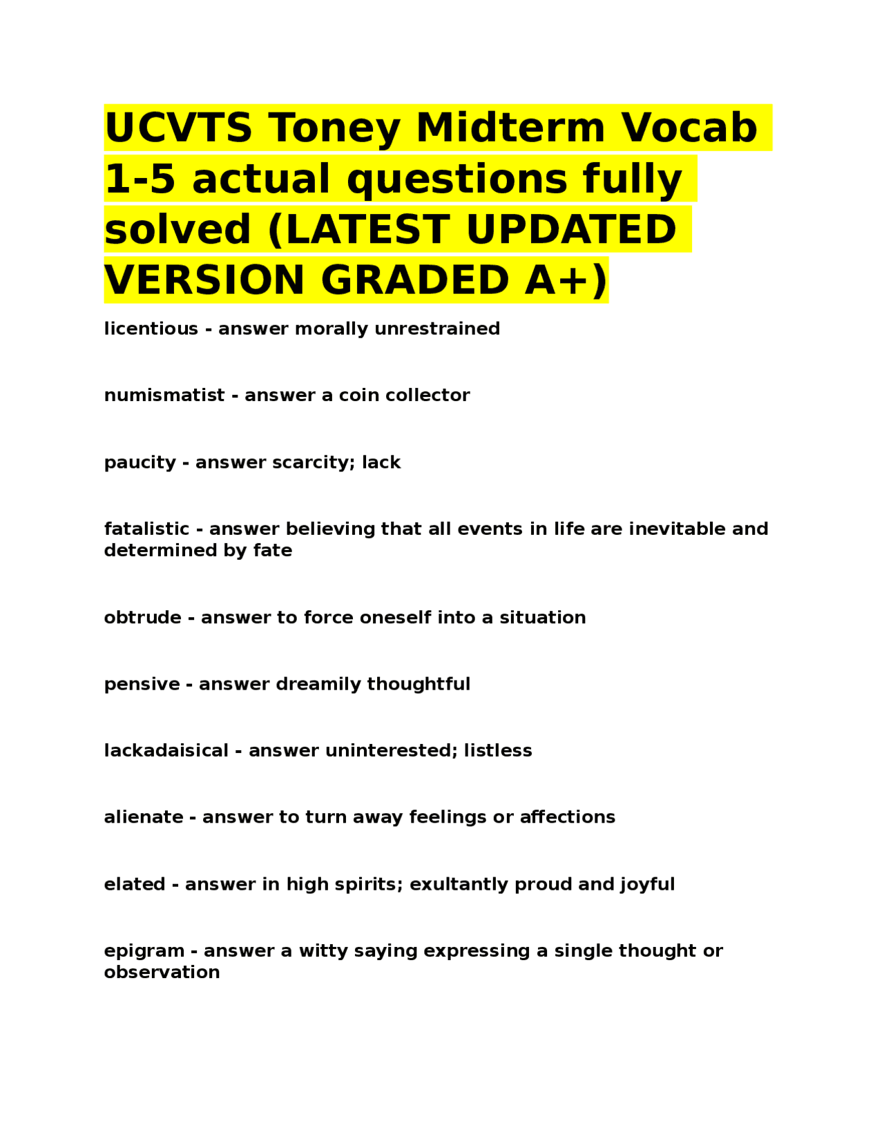 UCVTS Toney Midterm Vocab 1-5 actual questions fully solved (LATEST ...