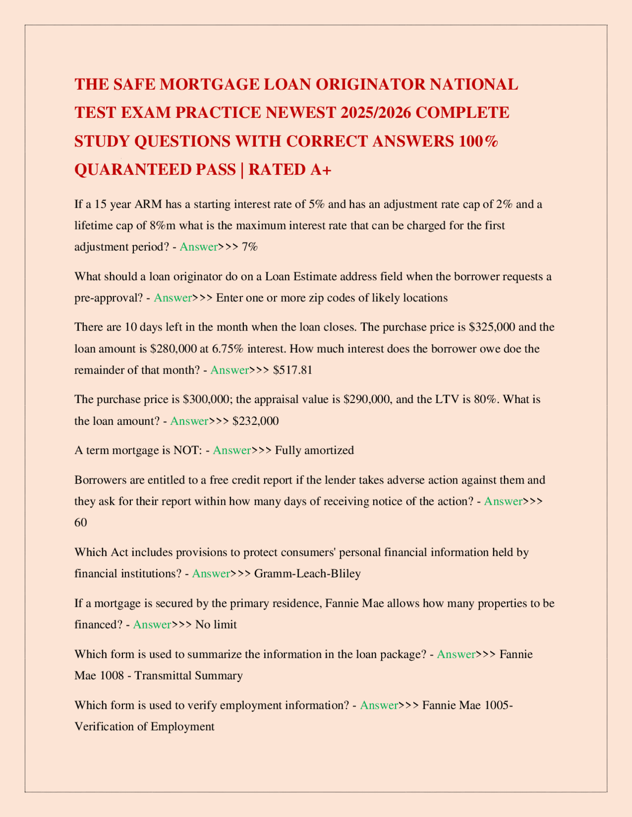 THE SAFE MORTGAGE LOAN ORIGINATOR NATIONAL TEST EXAM PRACTICE NEWEST ...