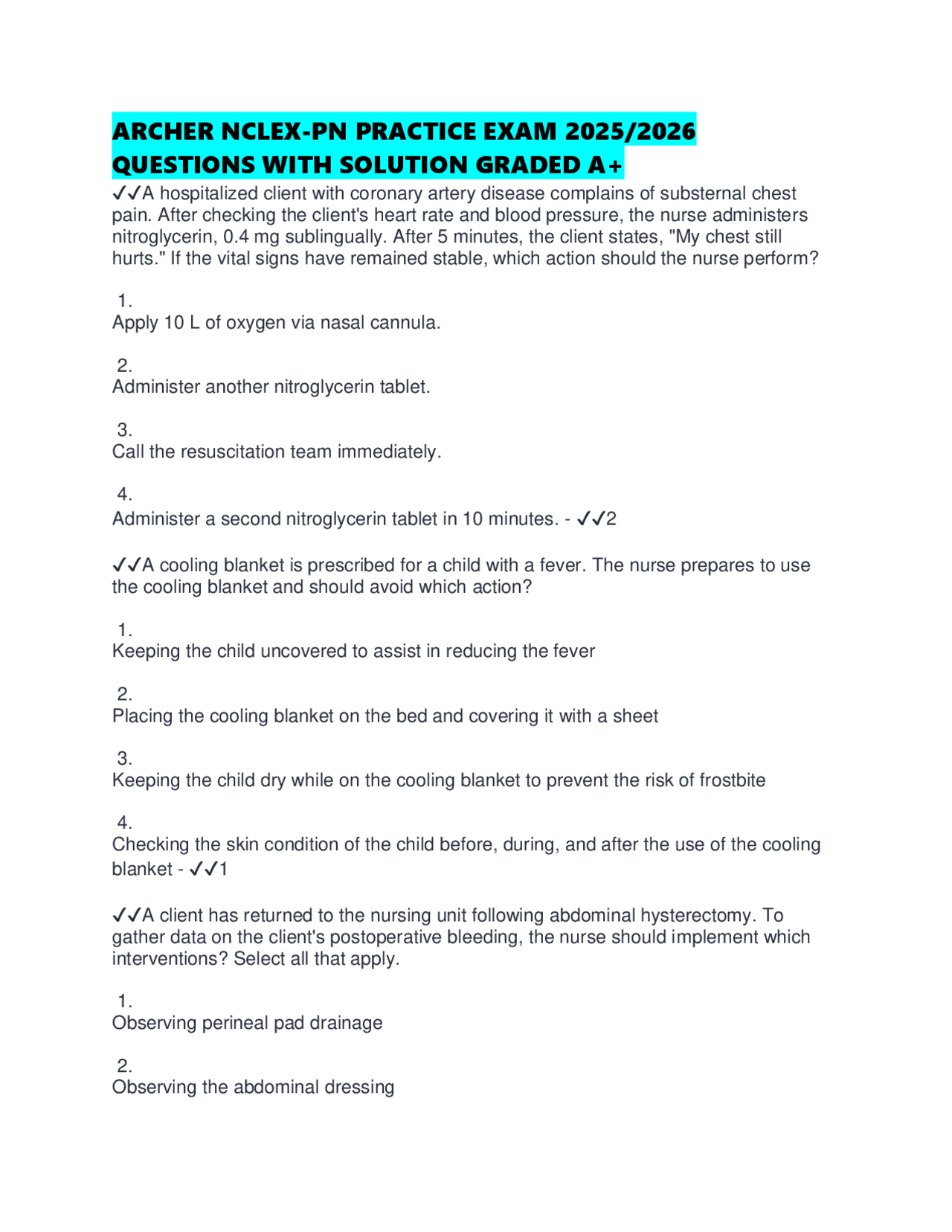 ARCHER NCLEX-PN PRACTICE EXAM 2025/2026 QUESTIONS WITH SOLUTION GRADED ...