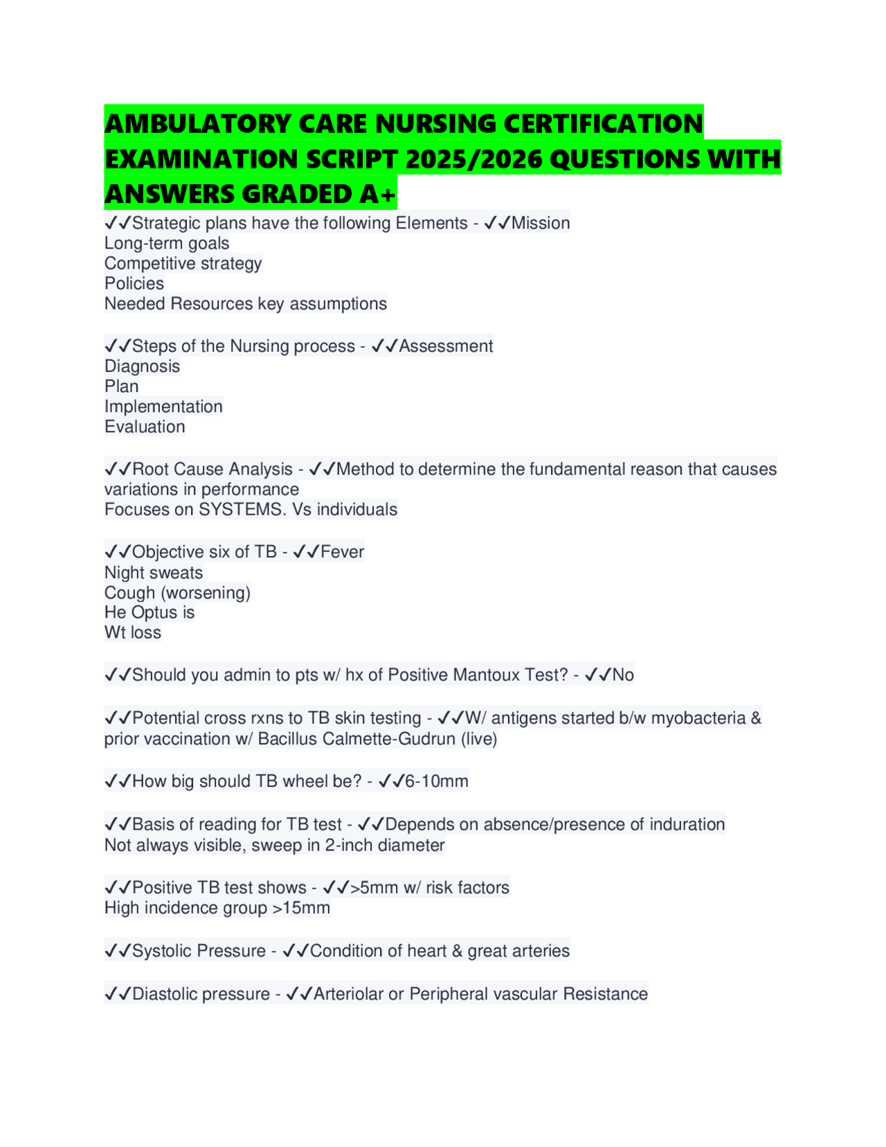 AMBULATORY CARE NURSING CERTIFICATION EXAMINATION SCRIPT 2025/2026 ...