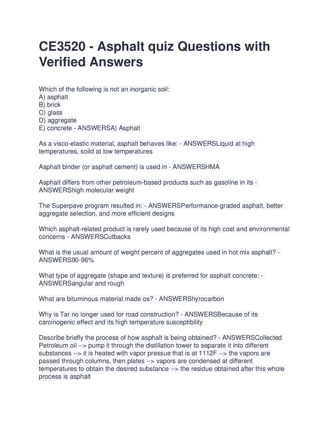 Asphalt Quiz: Questions and Verified Answers for Civil Engineering ...