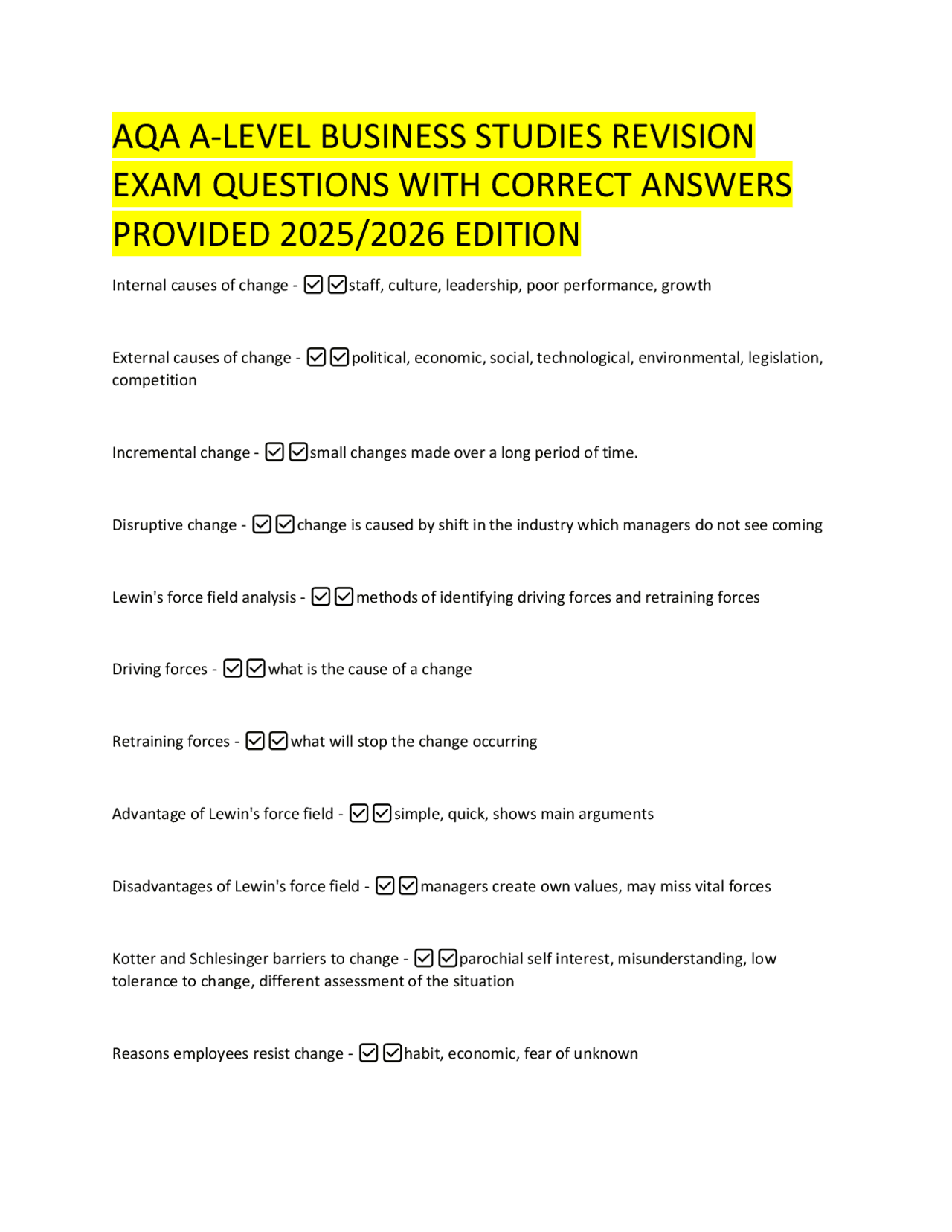 AQA A-LEVEL BUSINESS STUDIES REVISION EXAM QUESTIONS WITH CORRECT ...
