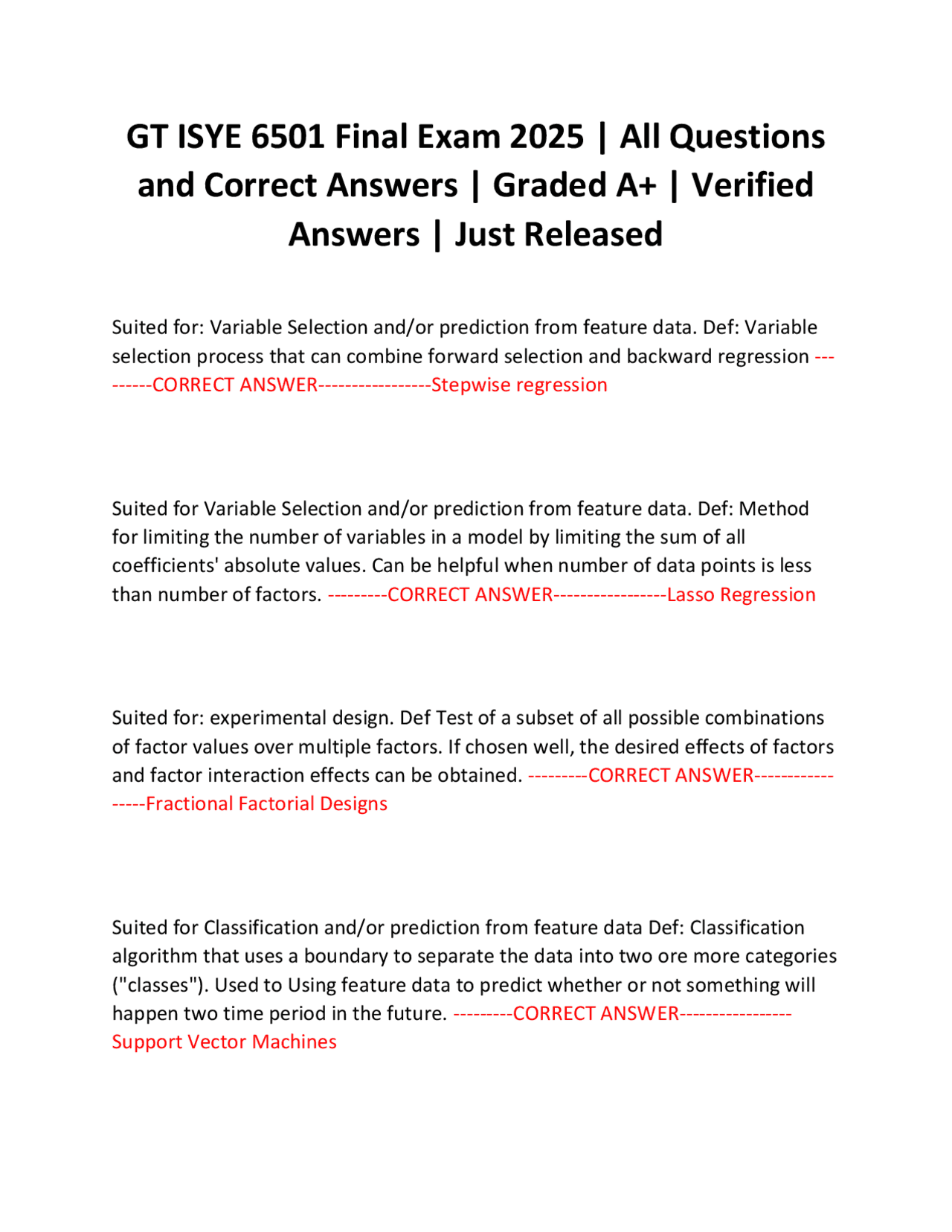 GT ISYE 6501 Final Exam 2025 | All Questions and Correct Answers ...