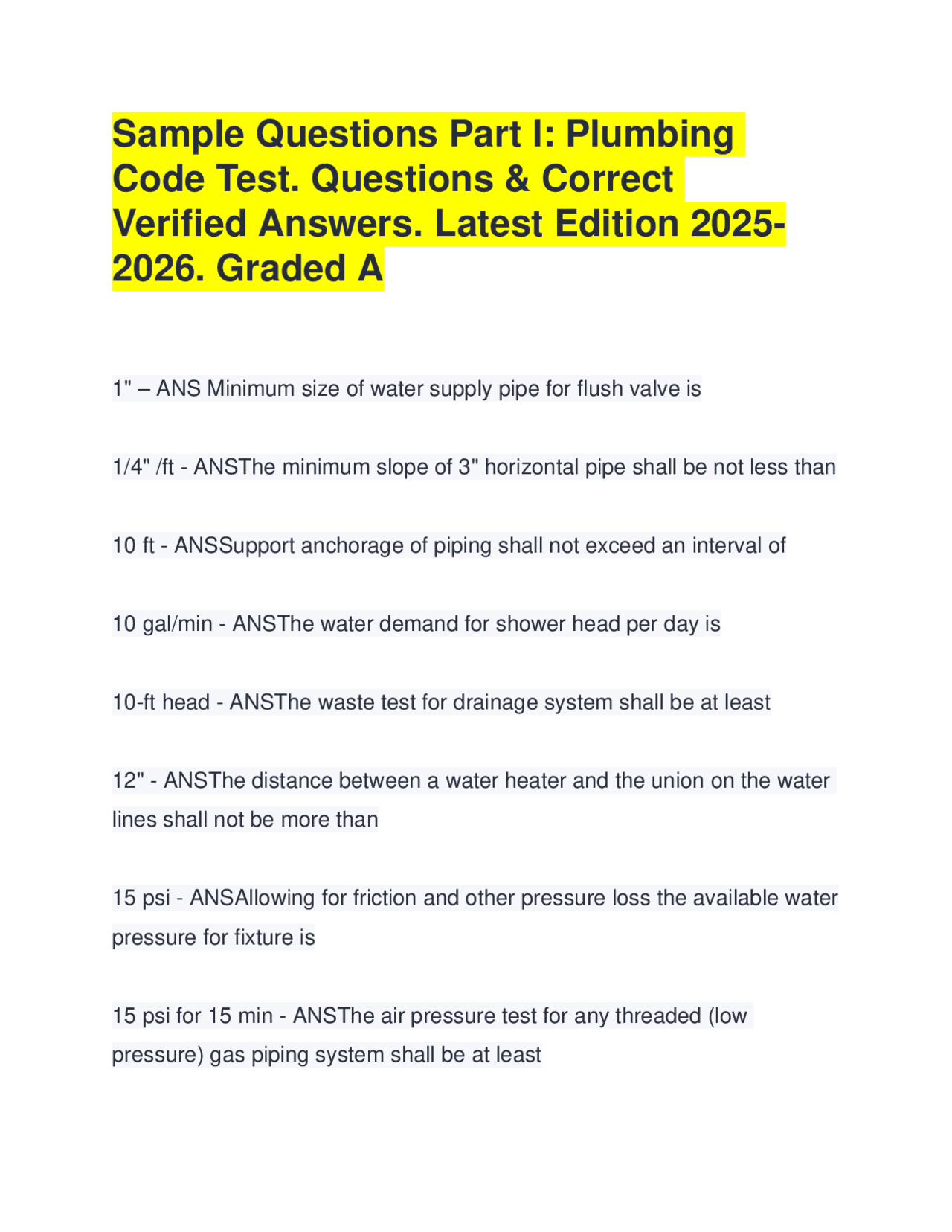 Plumbing Code Test Questions and Answers 2025-2026 | Exams Engineering ...
