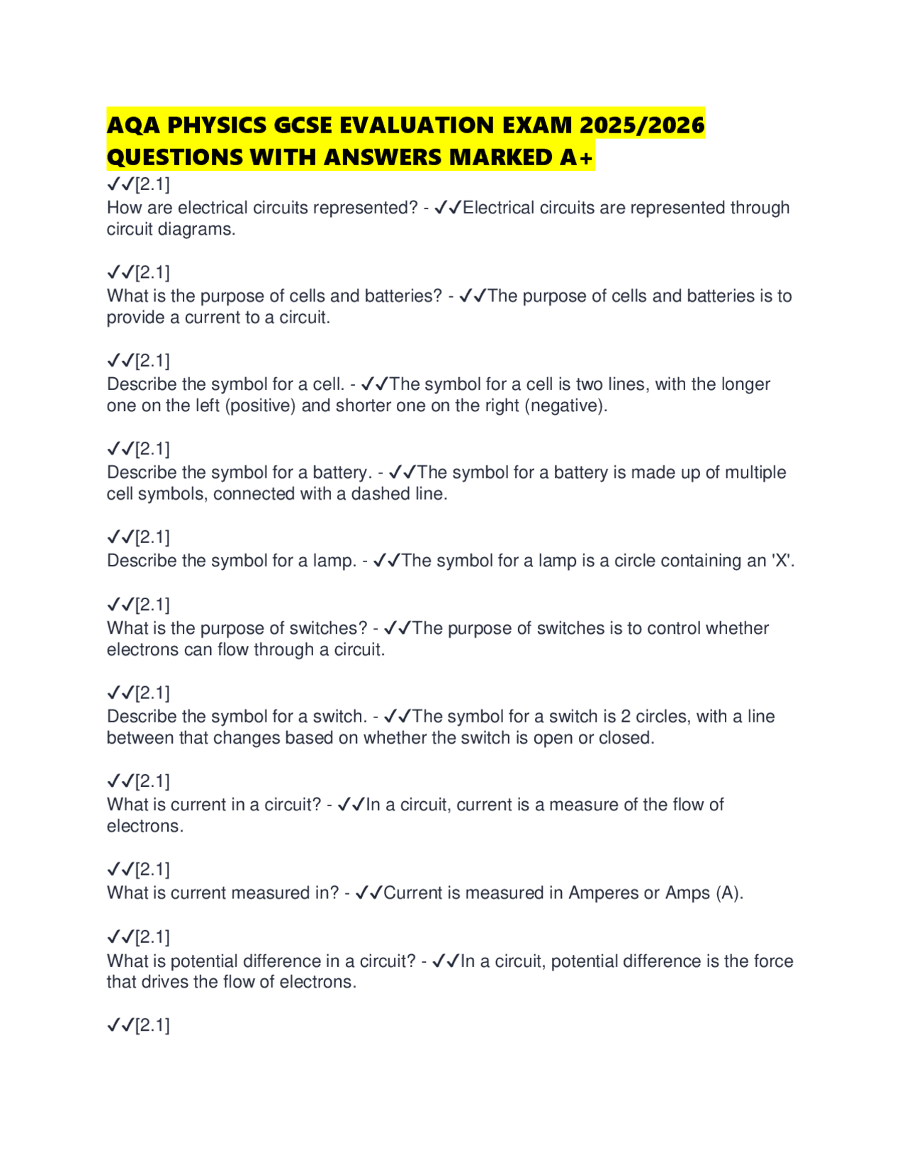 AQA PHYSICS GCSE EVALUATION EXAM 2025/2026 QUESTIONS WITH ANSWERS MARKED A+ | Exams Physics ...