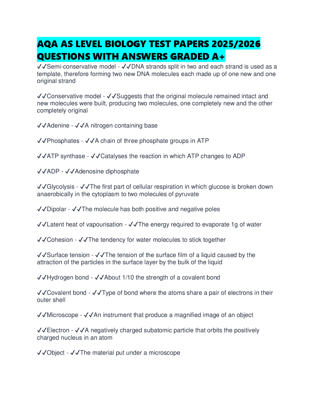 AQA AS LEVEL BIOLOGY TEST PAPERS 2025/2026 QUESTIONS WITH ANSWERS ...