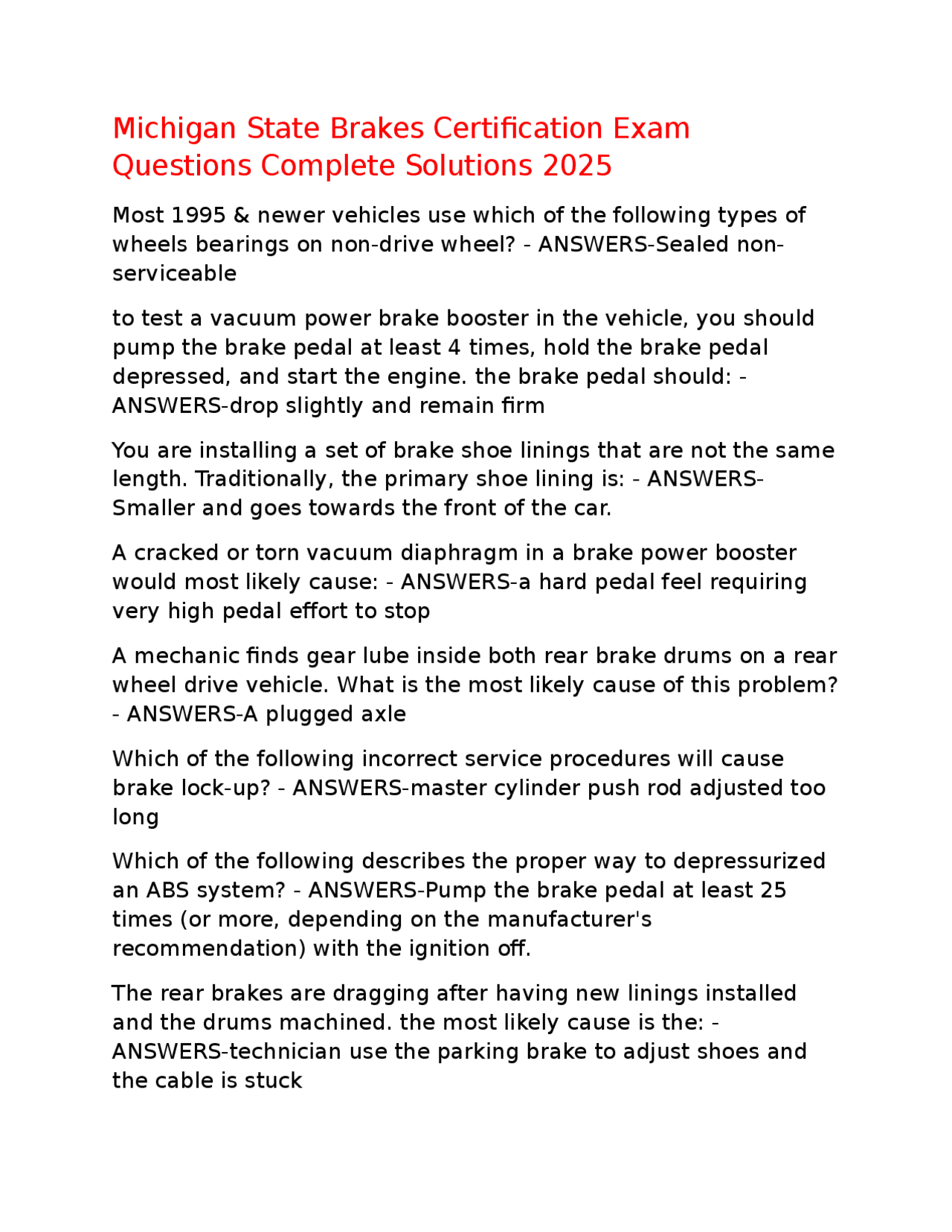 Michigan State Brakes Certification Exam Questions Complete Solutions ...