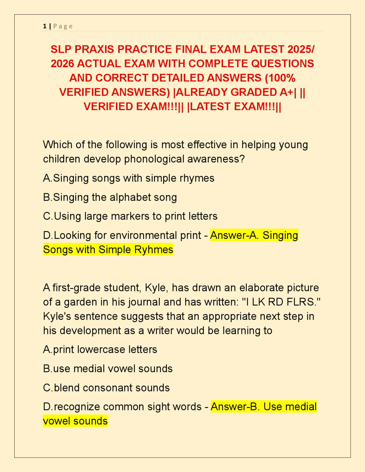 SLP PRAXIS PRACTICE FINAL EXAM LATEST 2025/ 2026 ACTUAL EXAM WITH ...