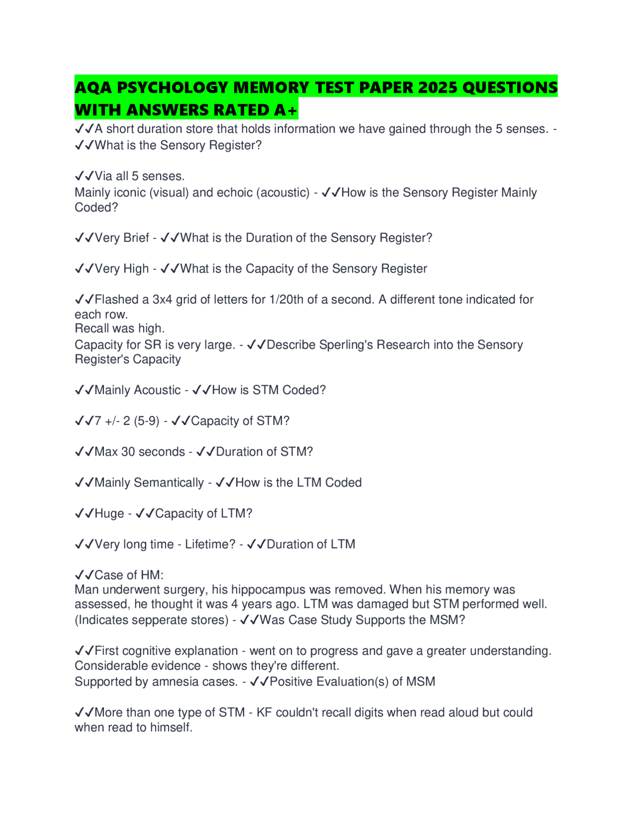 AQA PSYCHOLOGY MEMORY TEST PAPER 2025 QUESTIONS WITH ANSWERS RATED A+ ...