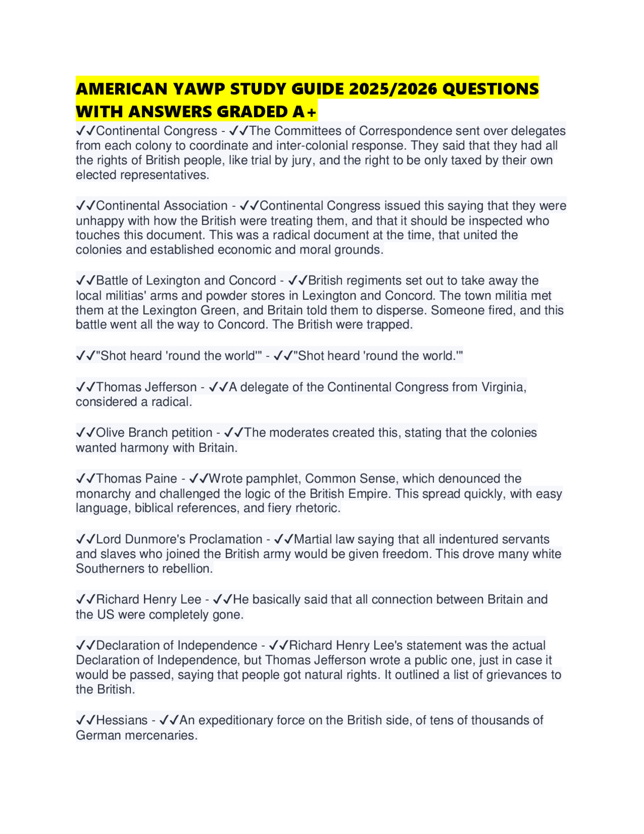 AMERICAN YAWP STUDY GUIDE 2025/2026 QUESTIONS WITH ANSWERS GRADED A+ ...