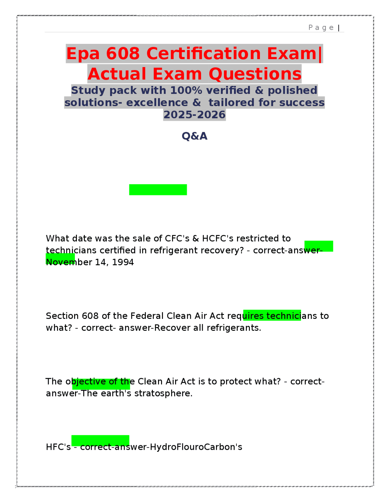 Epa 608 Certification Exam| Actual Exam Questions Study pack with 100% ...