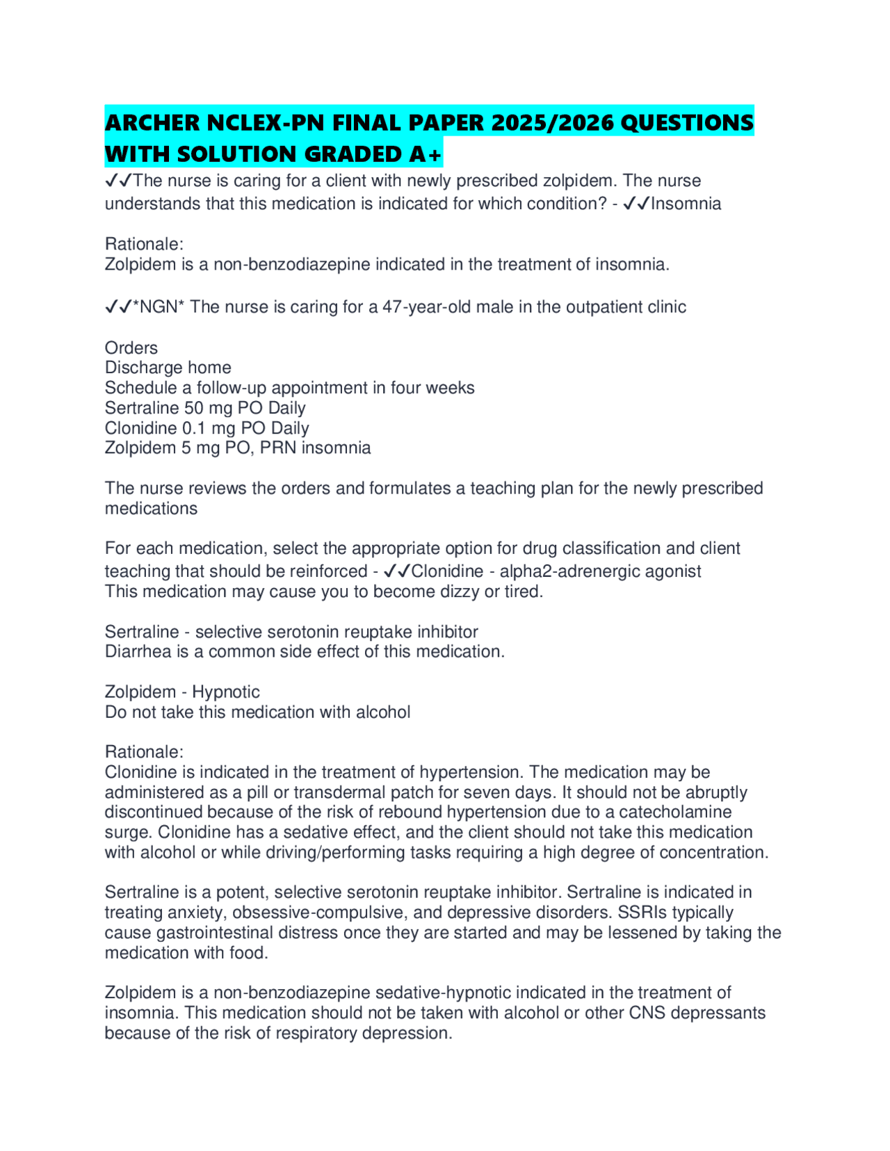 ARCHER NCLEX-PN FINAL PAPER 2025/2026 QUESTIONS WITH SOLUTION GRADED A+ ...