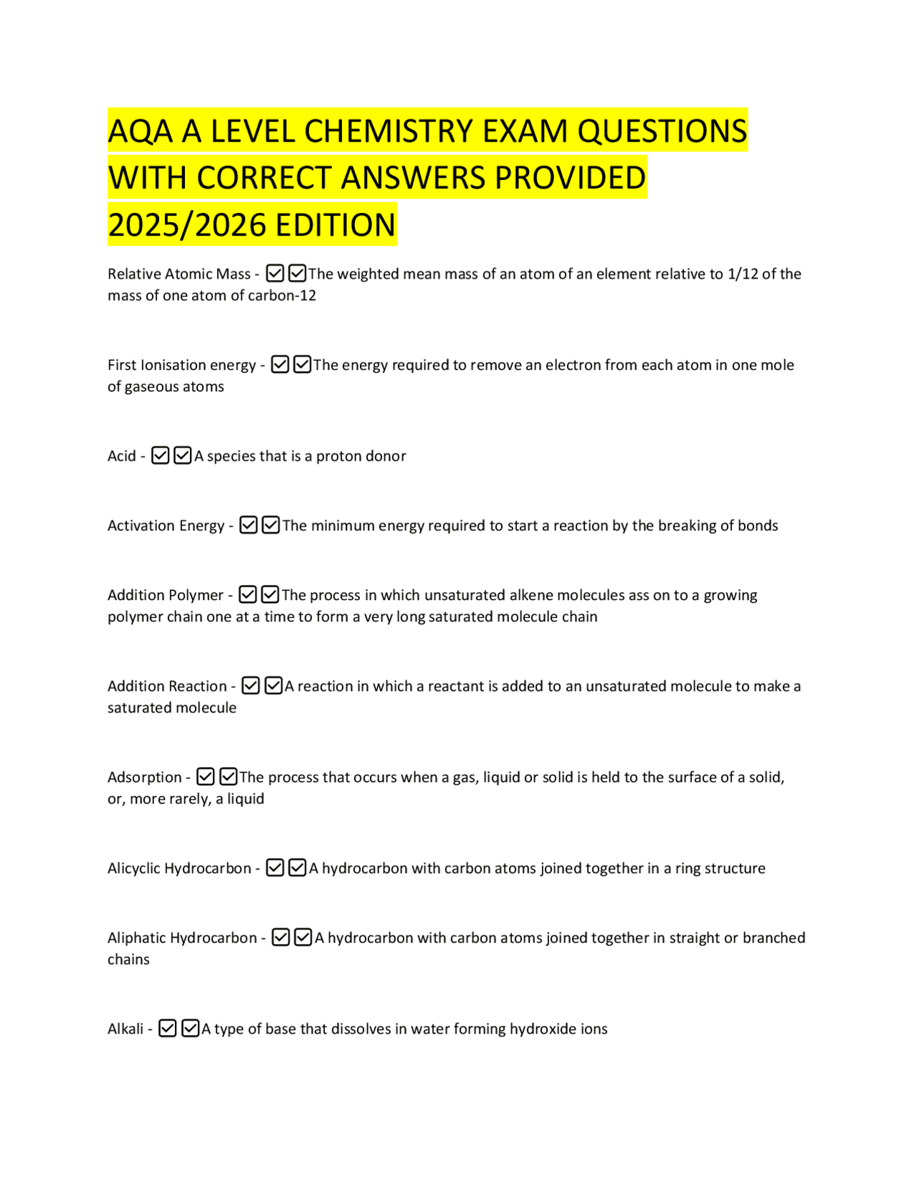 AQA A-Level Chemistry Exam Questions and Definitions 2025/2026 ...