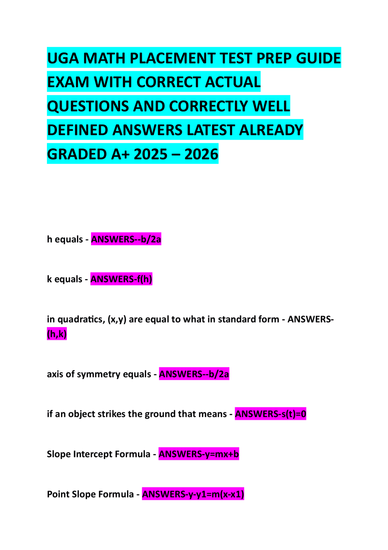 UGA MATH PLACEMENT TEST PREP GUIDE EXAM WITH CORRECT ACTUAL QUESTIONS ...