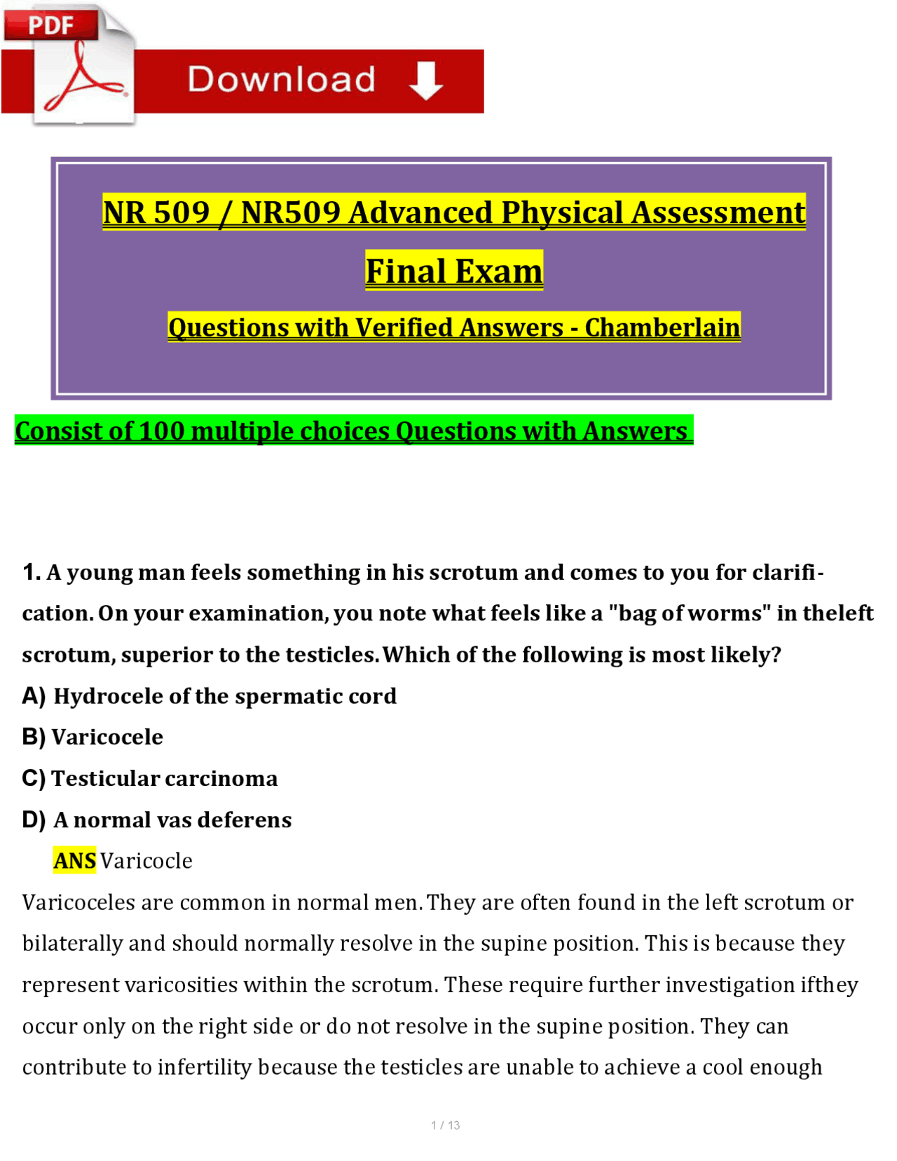 NR509 Final Exam 2 Study Guide - Advanced Physical Assessment Practice Questions & Answers ...