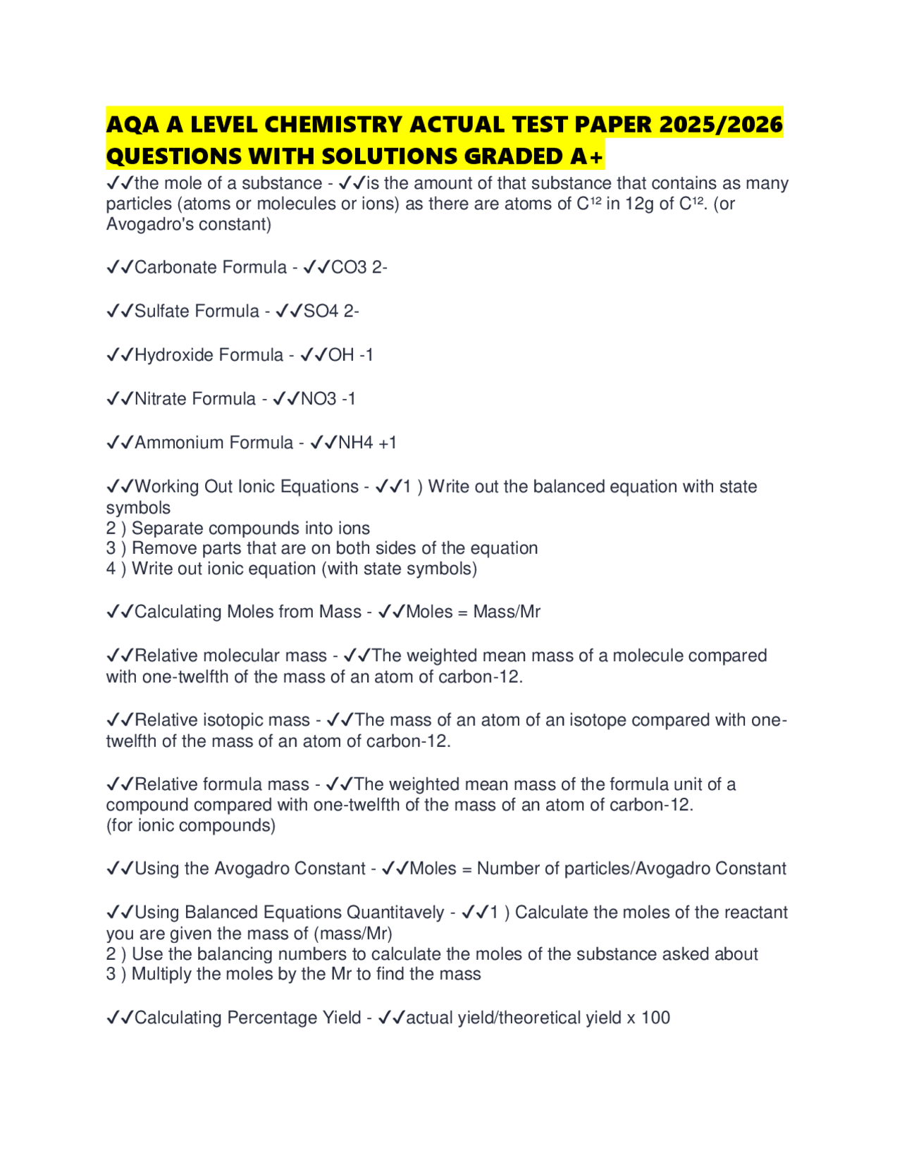AQA A LEVEL CHEMISTRY ACTUAL TEST PAPER 2025/2026 QUESTIONS WITH ...