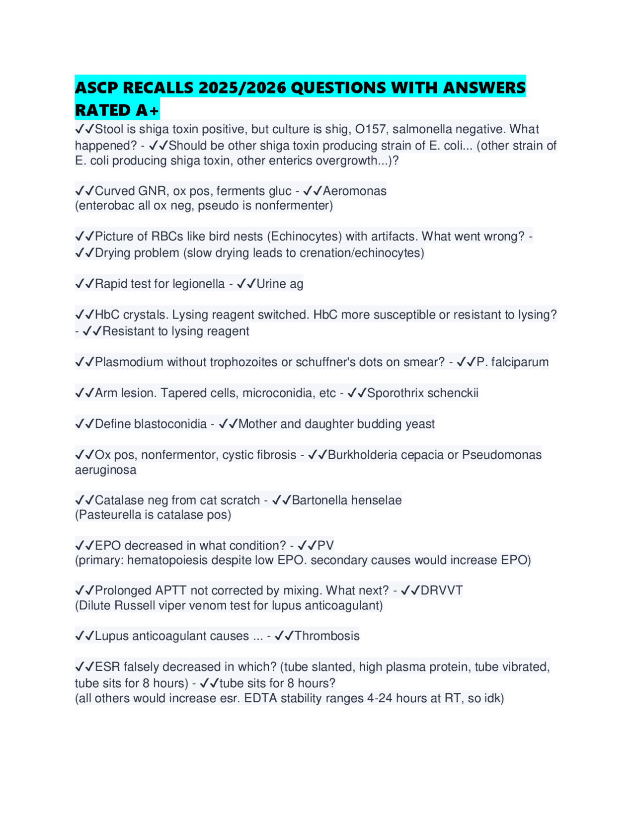 ASCP RECALLS 2025/2026 QUESTIONS WITH ANSWERS RATED A+ | Exams Clinical ...