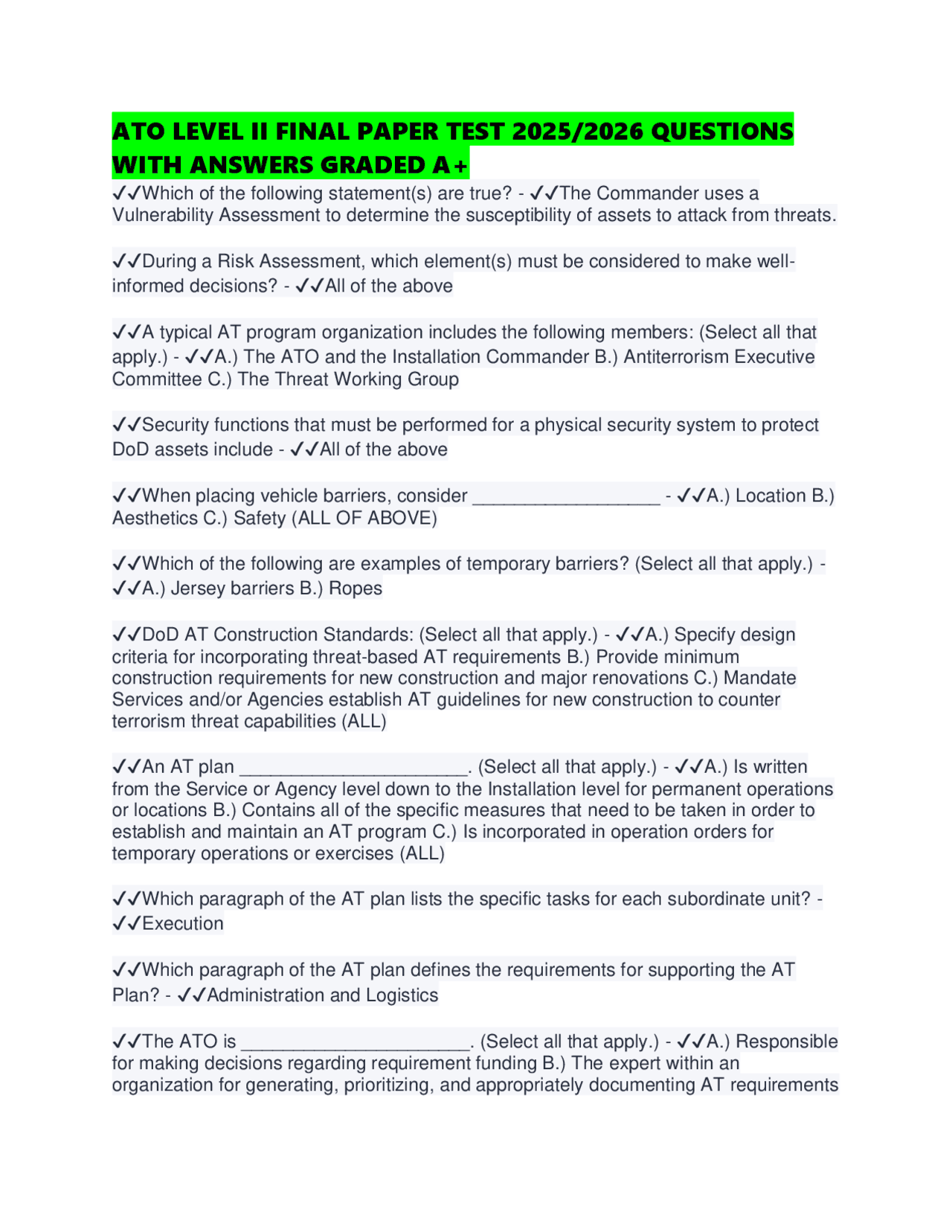 ATO LEVEL II FINAL PAPER TEST 2025/2026 QUESTIONS WITH ANSWERS GRADED ...