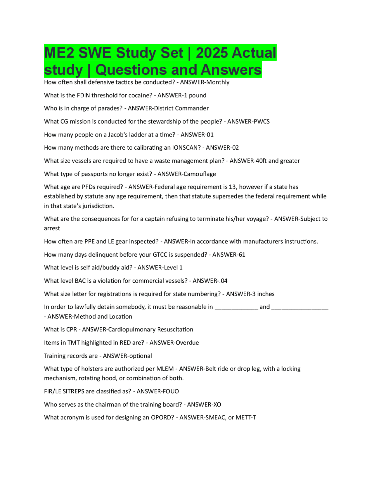 Maritime Law Enforcement (MLE) Study Guide: Questions and Answers ...