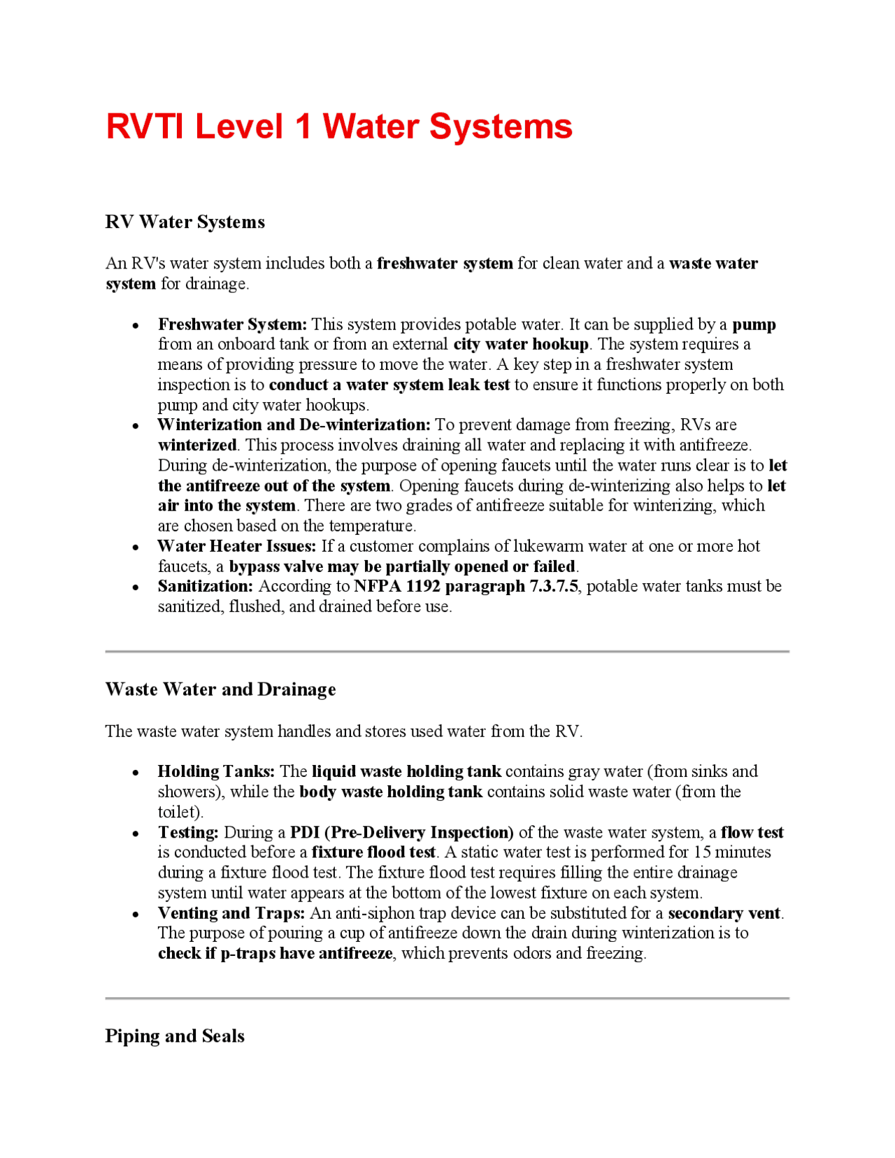 RVTI Level 1 Water Systems Questions & Answers Already Graded A+ ...