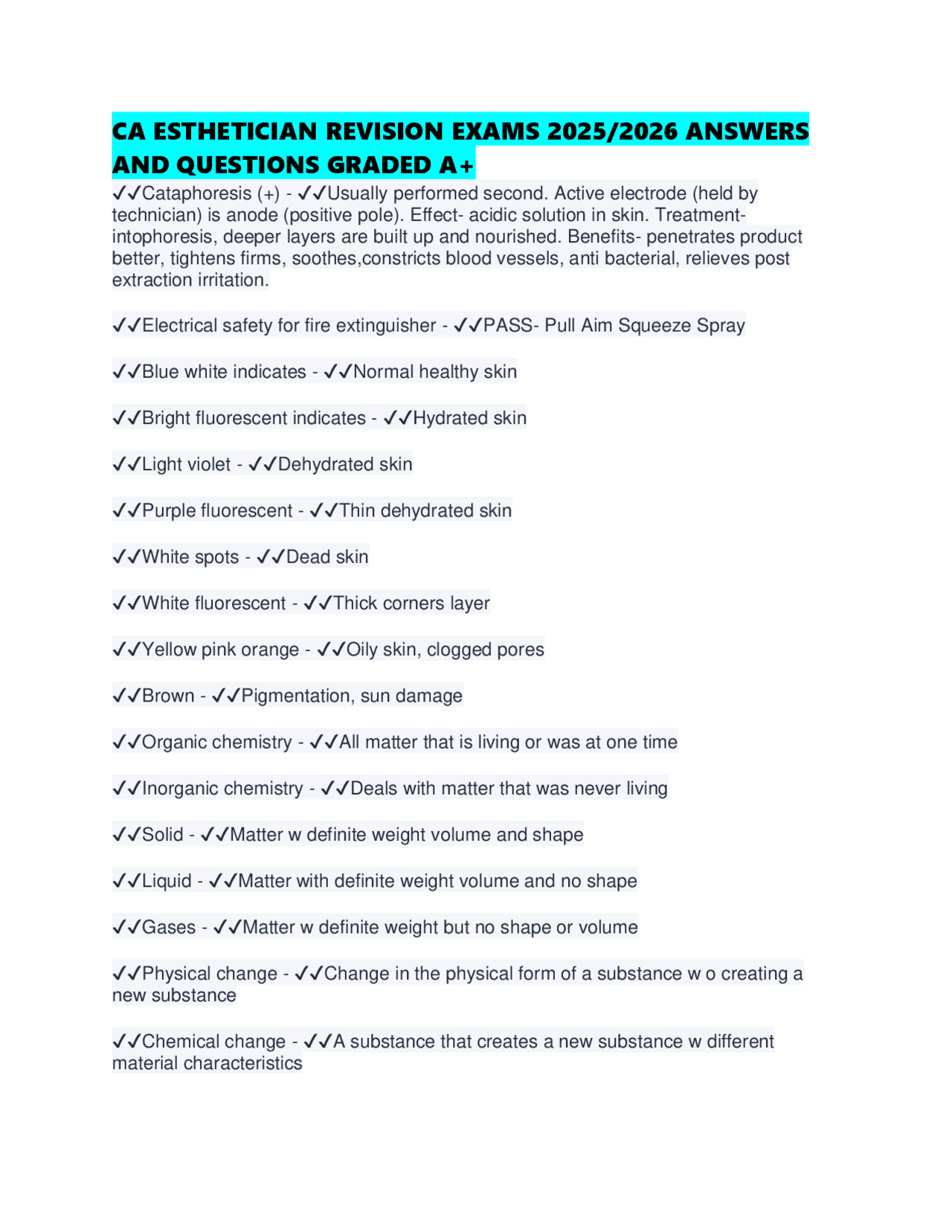 CA ESTHETICIAN REVISION EXAMS 2025/2026 ANSWERS AND QUESTIONS GRADED A+ ...