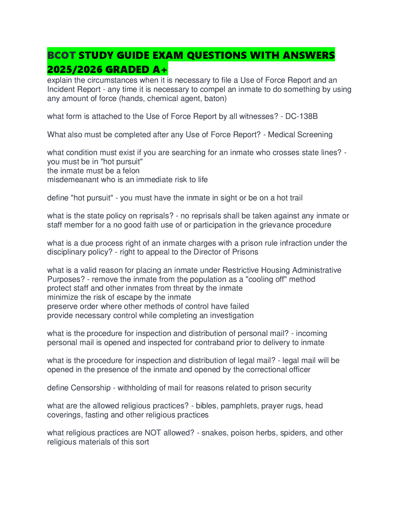BCOT STUDY GUIDE EXAM QUESTIONS WITH ANSWERS 2025/2026 GRADED A+ ...