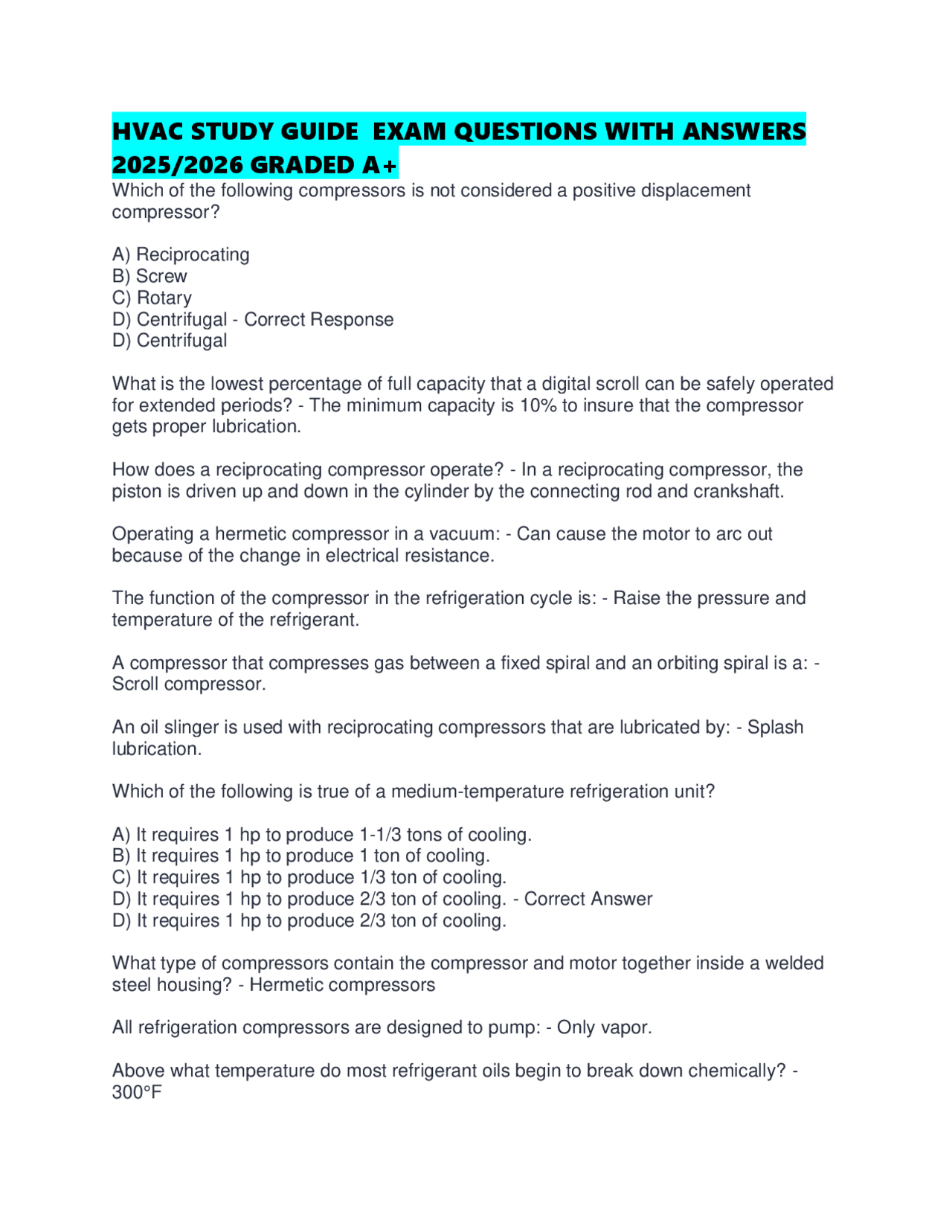 HVAC STUDY GUIDE EXAM QUESTIONS WITH ANSWERS 2025/2026 GRADED A+ ...
