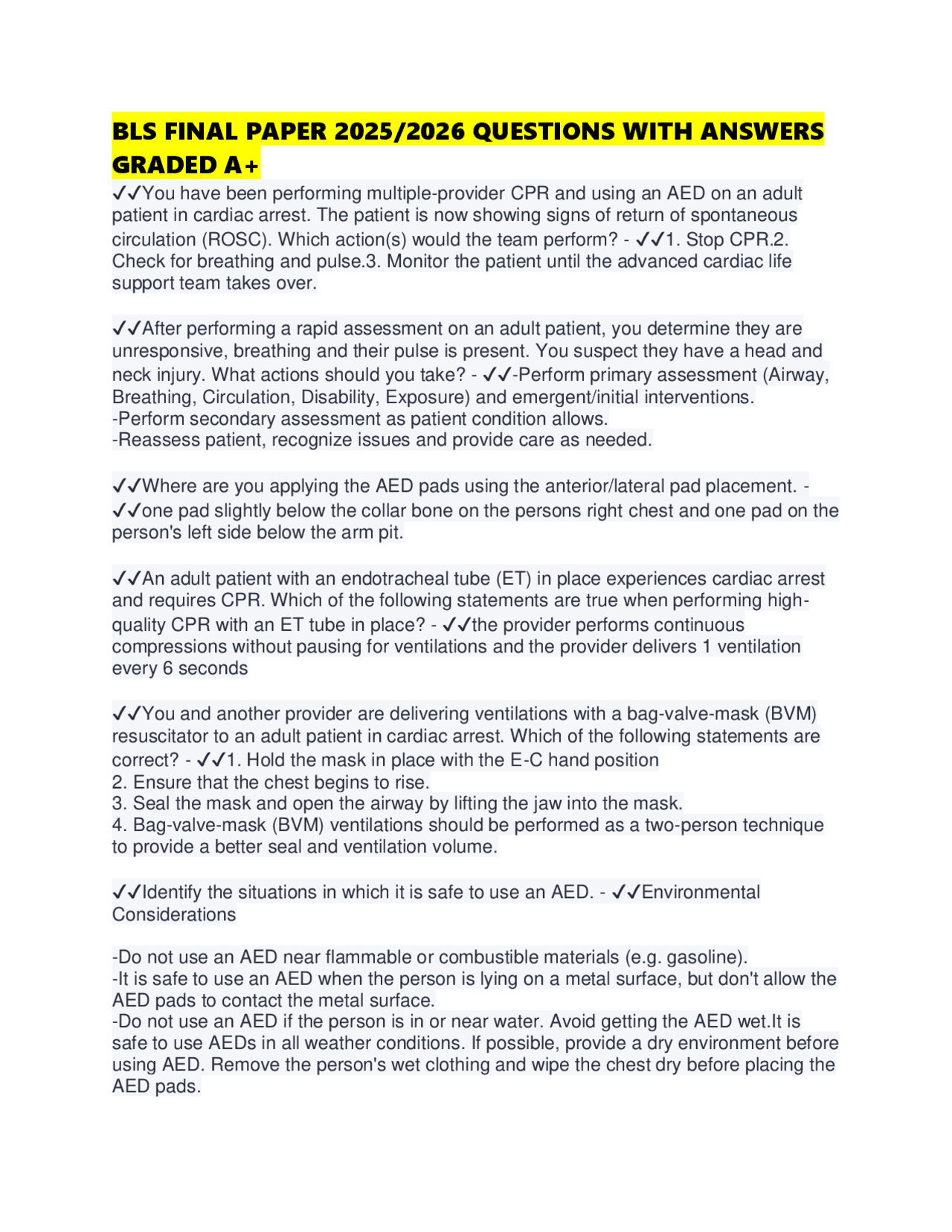 BLS FINAL PAPER 2025/2026 QUESTIONS WITH ANSWERS GRADED A+ | Exams ...