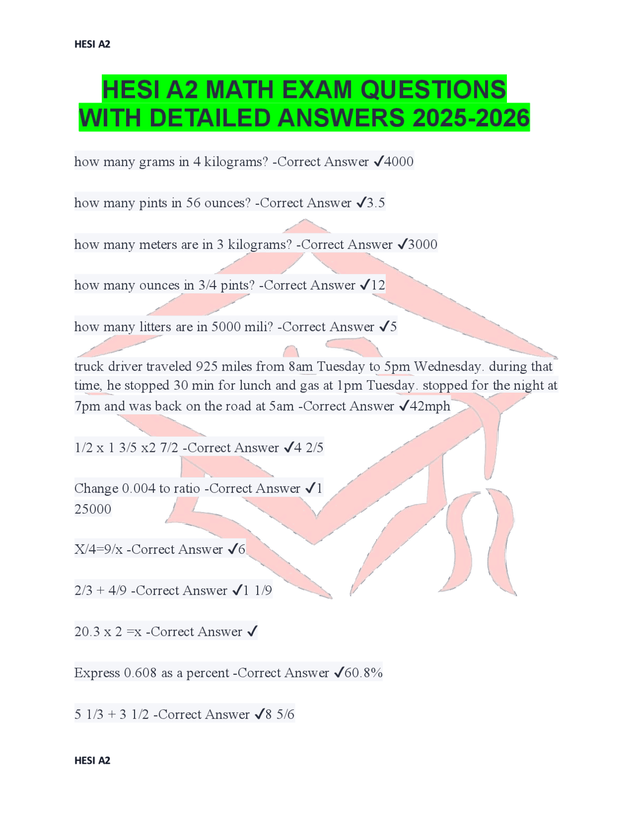 HESI A2 MATH EXAM QUESTIONS WITH DETAILED ANSWERS 2025-2026 | Exams ...