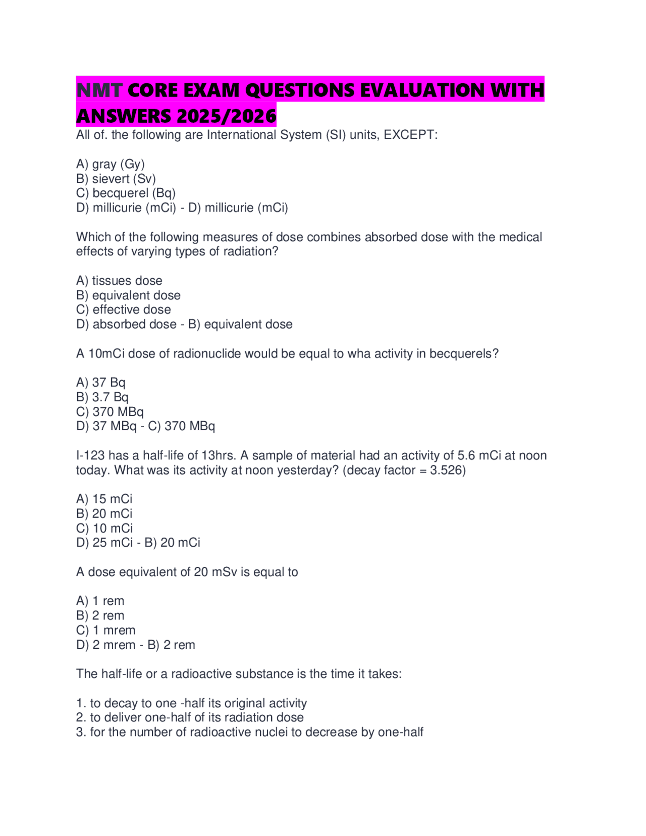 NMT CORE EXAM QUESTIONS EVALUATION WITH ANSWERS 2025/2026 | Exams ...