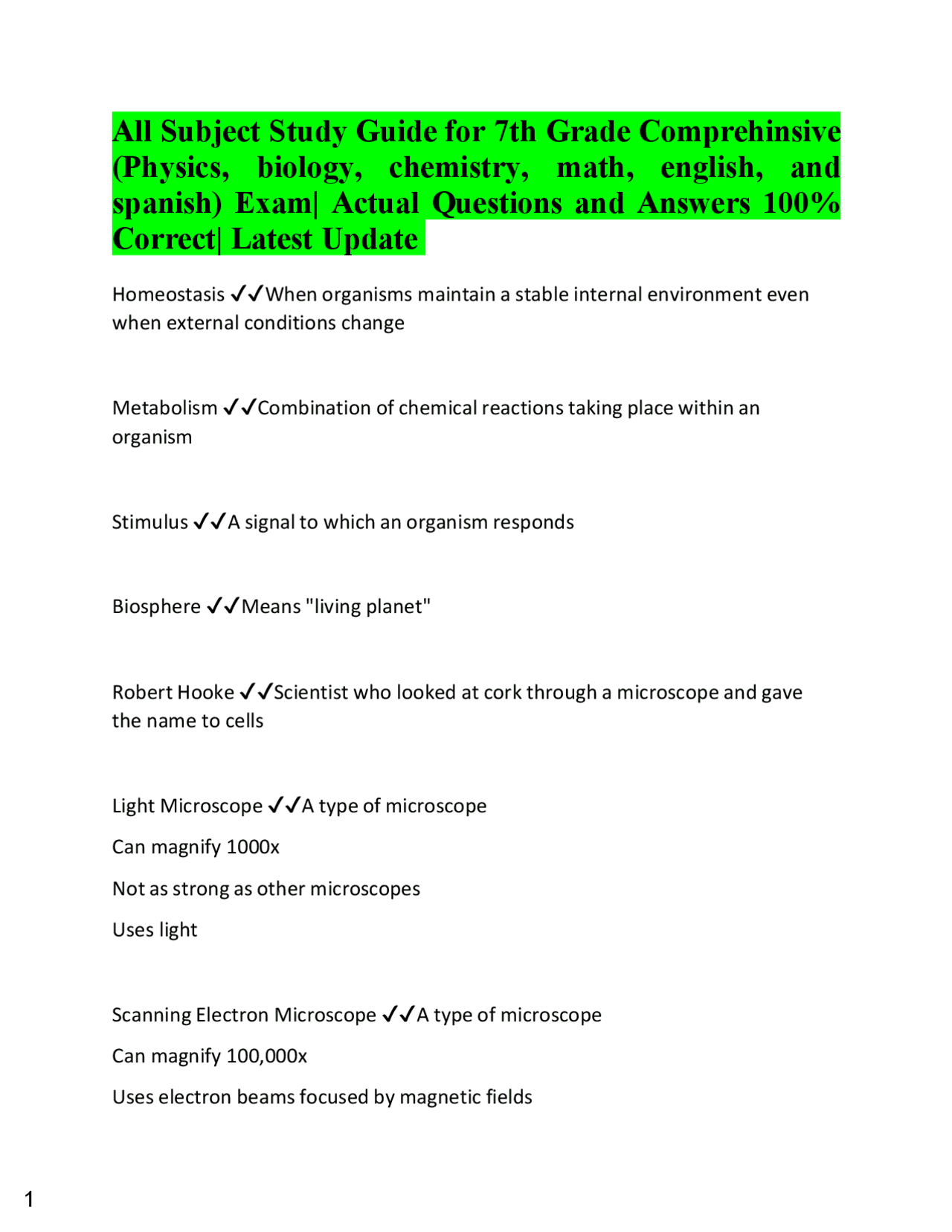 All Subject Study Guide for 7th Grade Comprehinsive (Physics, biology ...