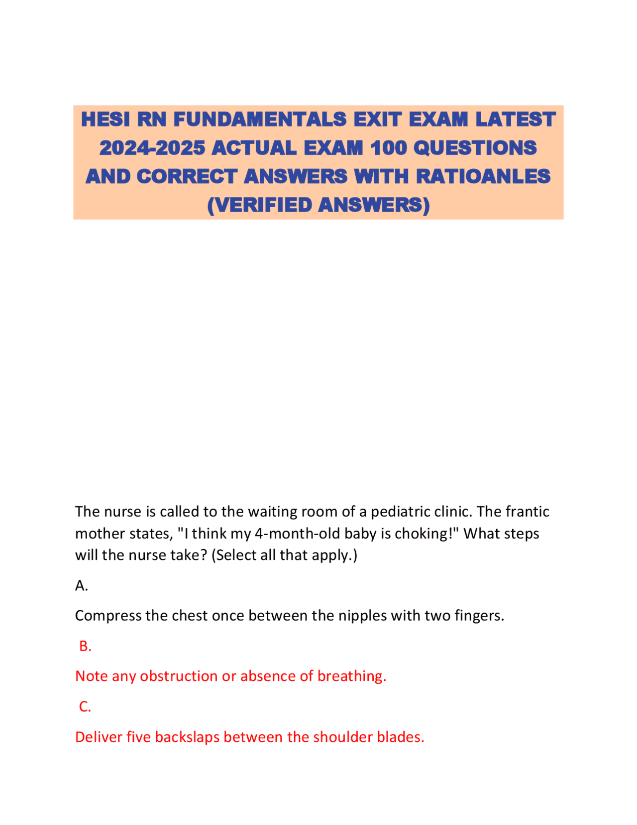 HESI RN FUNDAMENTALS EXIT EXAM LATEST 2024-2025 ACTUAL EXAM 100 ...