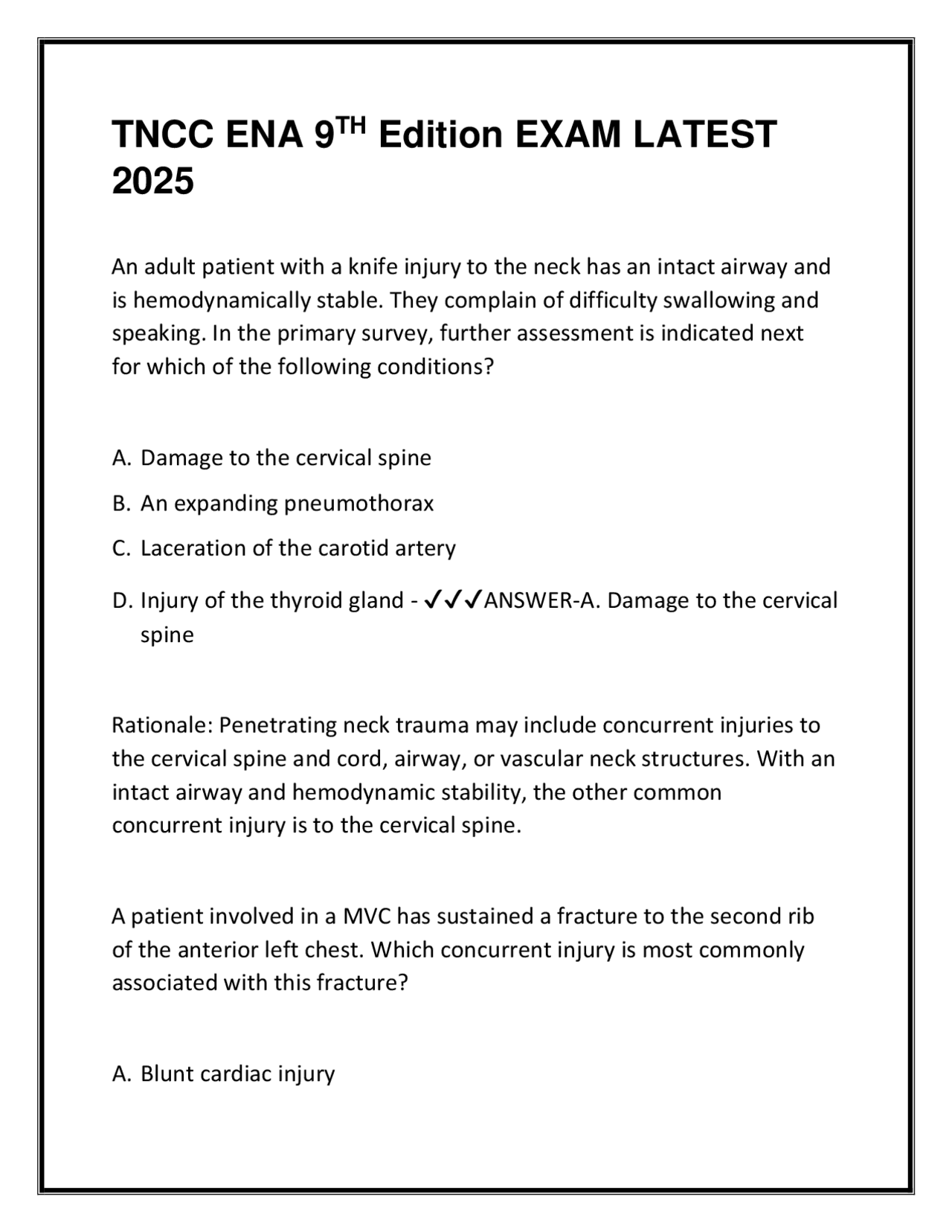 TNCC ENA 9th Edition Exam 2025 – Latest Questions with Correct Answers ...