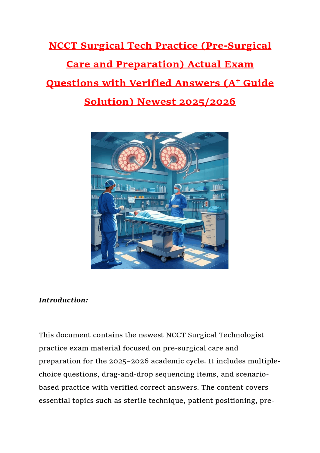 NCCT Surgical Tech Practice (Pre-Surgical Care and Preparation) Actual ...