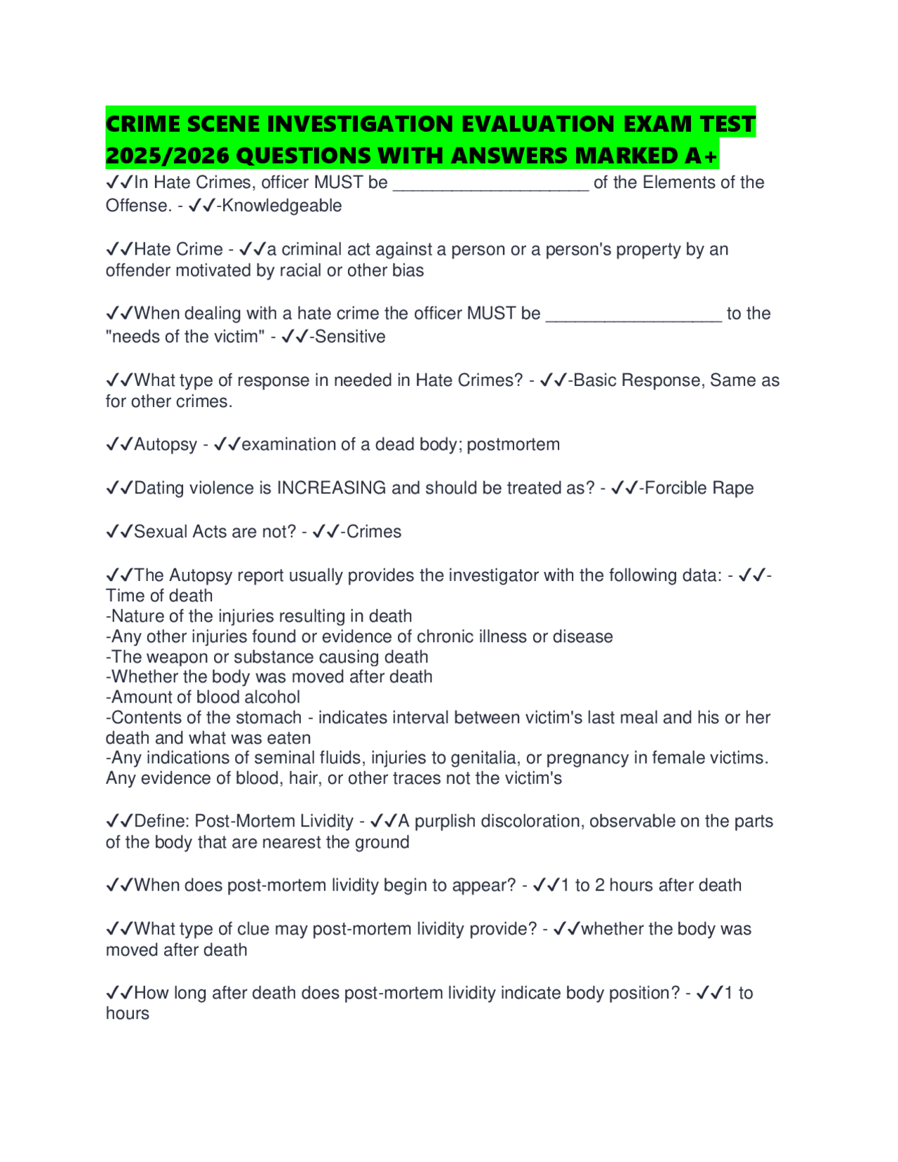 CRIME SCENE INVESTIGATION EVALUATION EXAM TEST 2025/2026 QUESTIONS WITH ...
