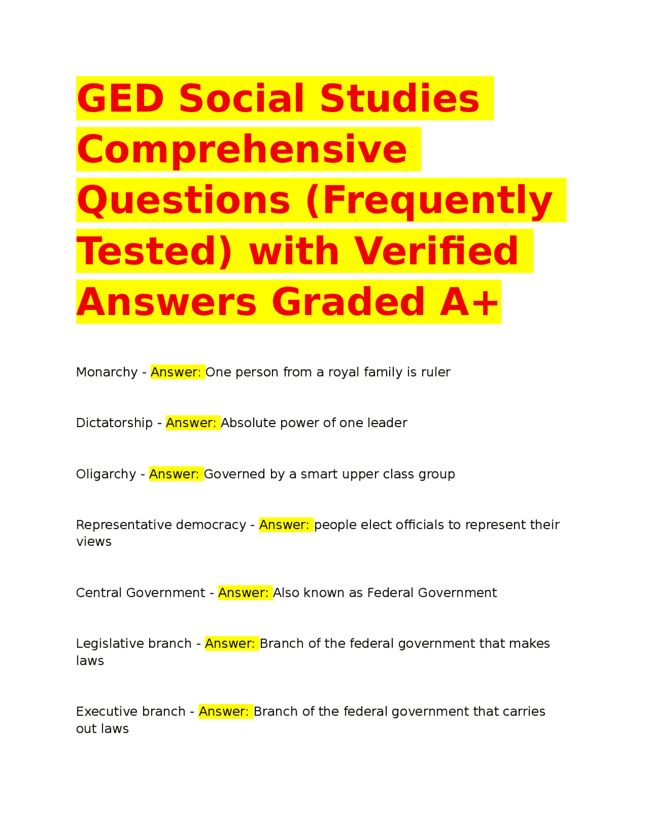 GED Social Studies: Key Concepts Q&A | Exams Advanced Education | Docsity
