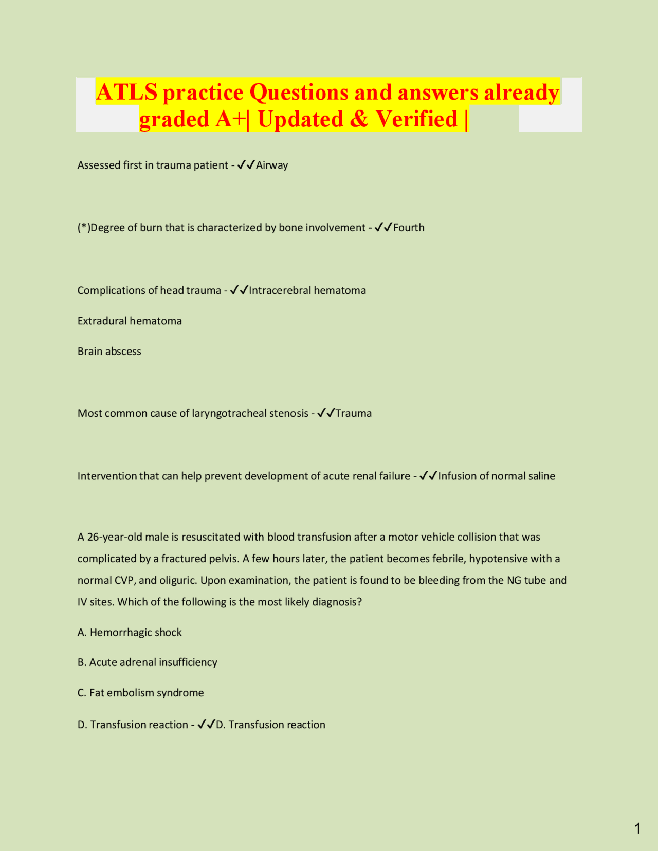 ATLS practice Questions and answers already graded A+| Updated ...